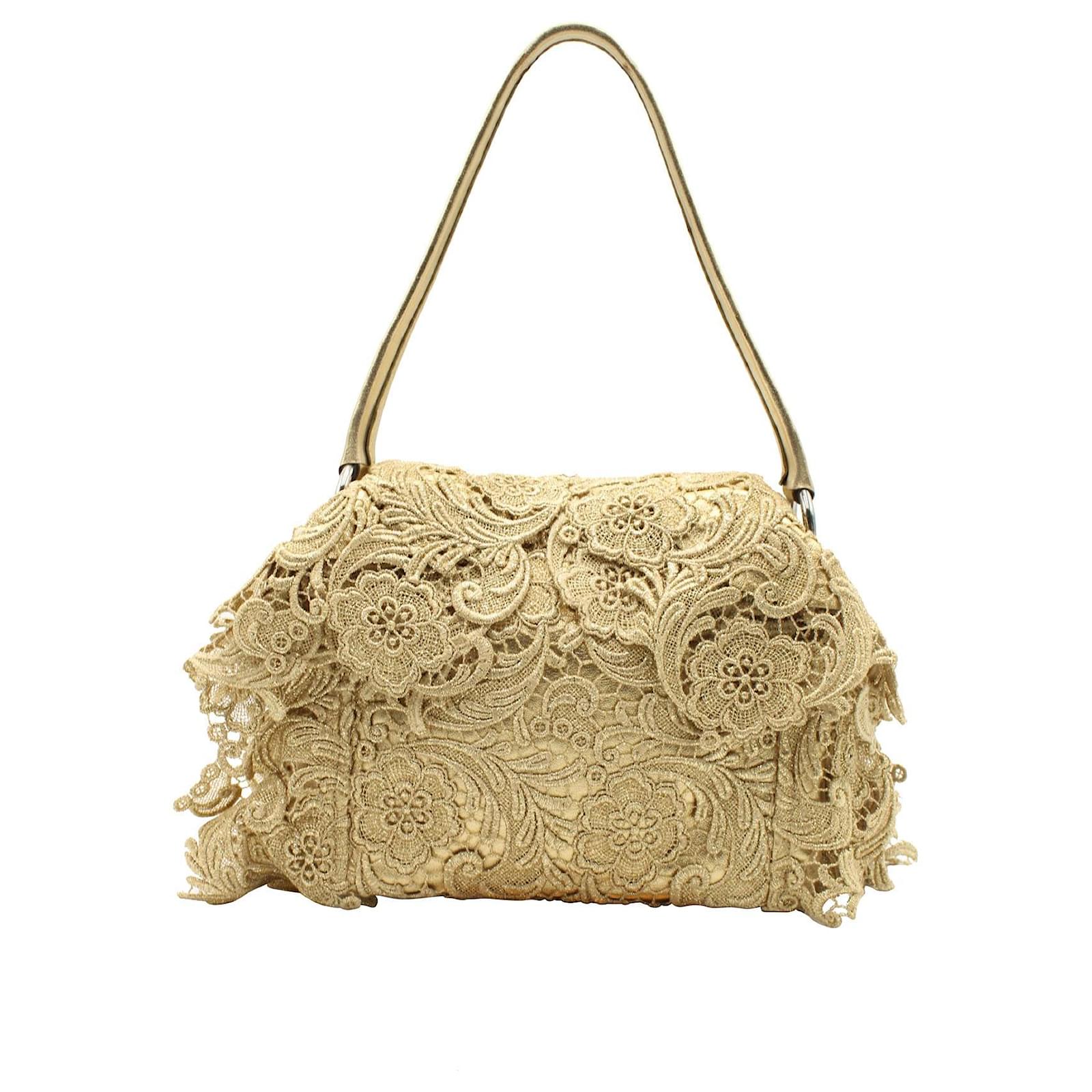 Prada Pizzo Flap Shoulder Bag in Gold Lace Golden Metallic Leather ref ...
