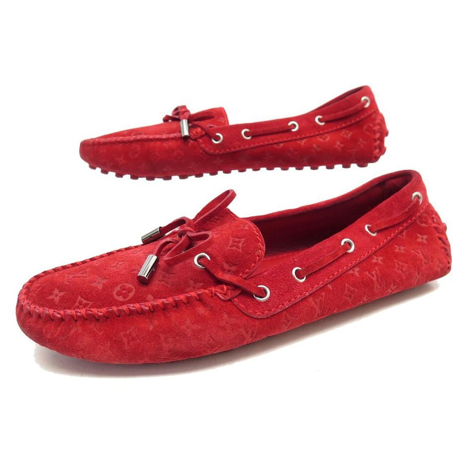 CHAUSSURES LOUIS VUITTON DRIVER MOCASSINS 38 DAIM ROUGE RED LOAFERS ...