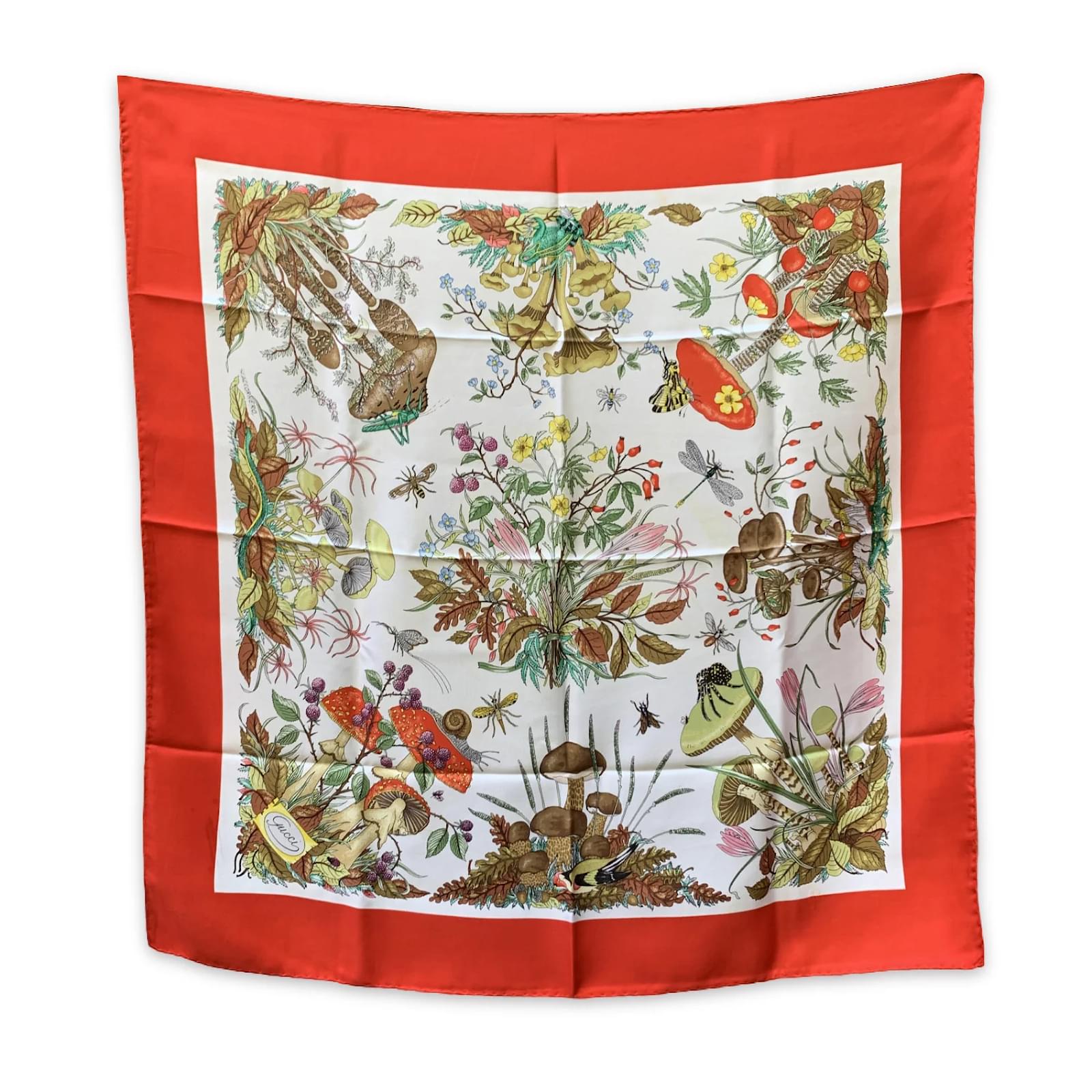 Gucci Vintage Red Floral Silk Scarf Funghi Mushrooms 1967 Accornero ref ...