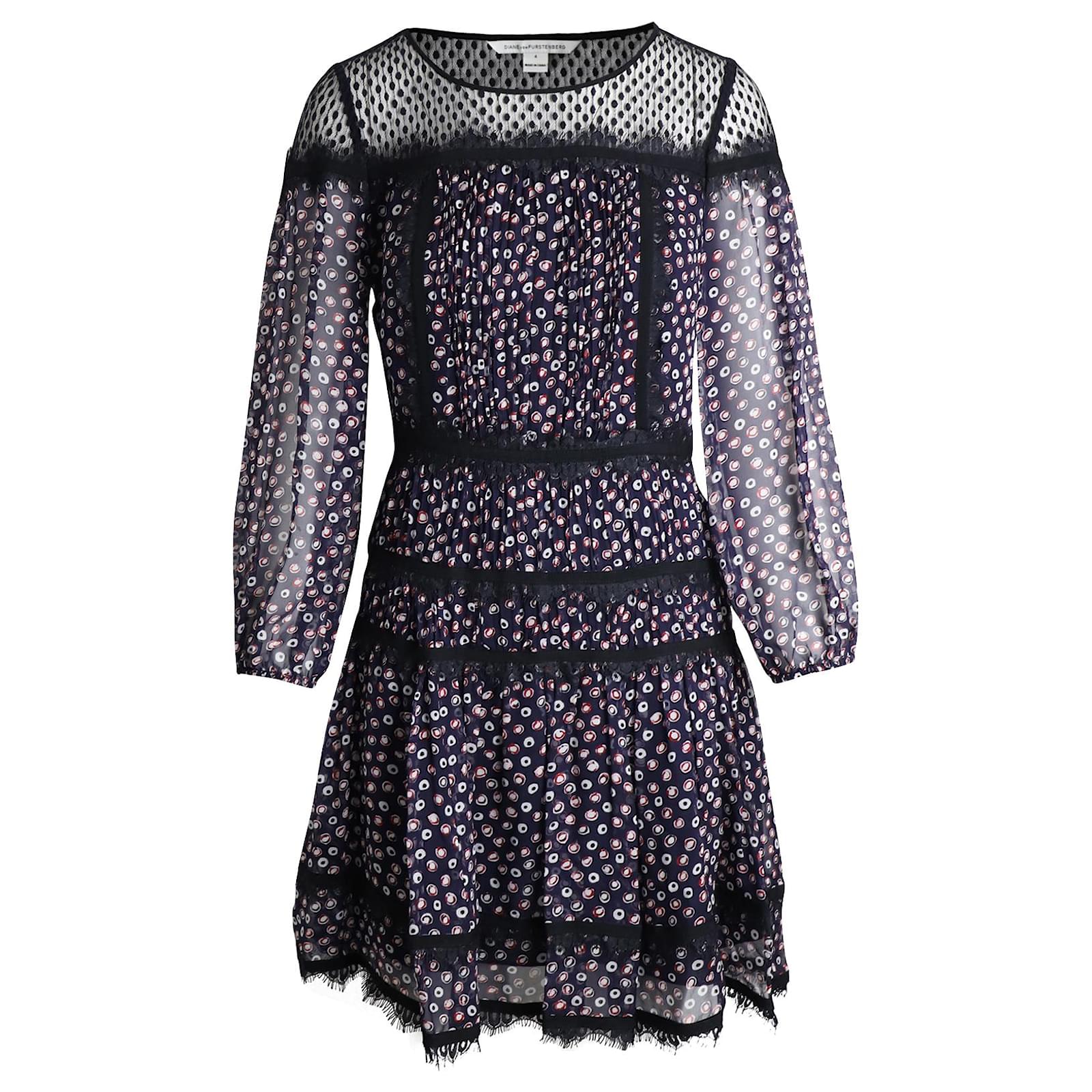 Diane Von Furstenberg Jamie Printed Tulle Paneled Dress in Black Silk ...