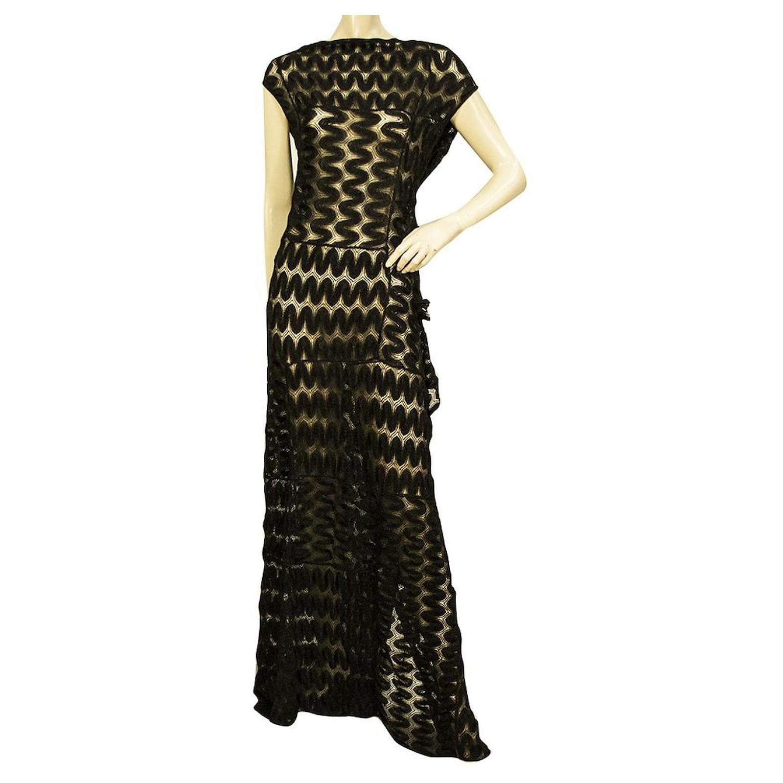 Missoni Shiny Black Zig Zag Knitted Transparent Open Back Robe longue ...