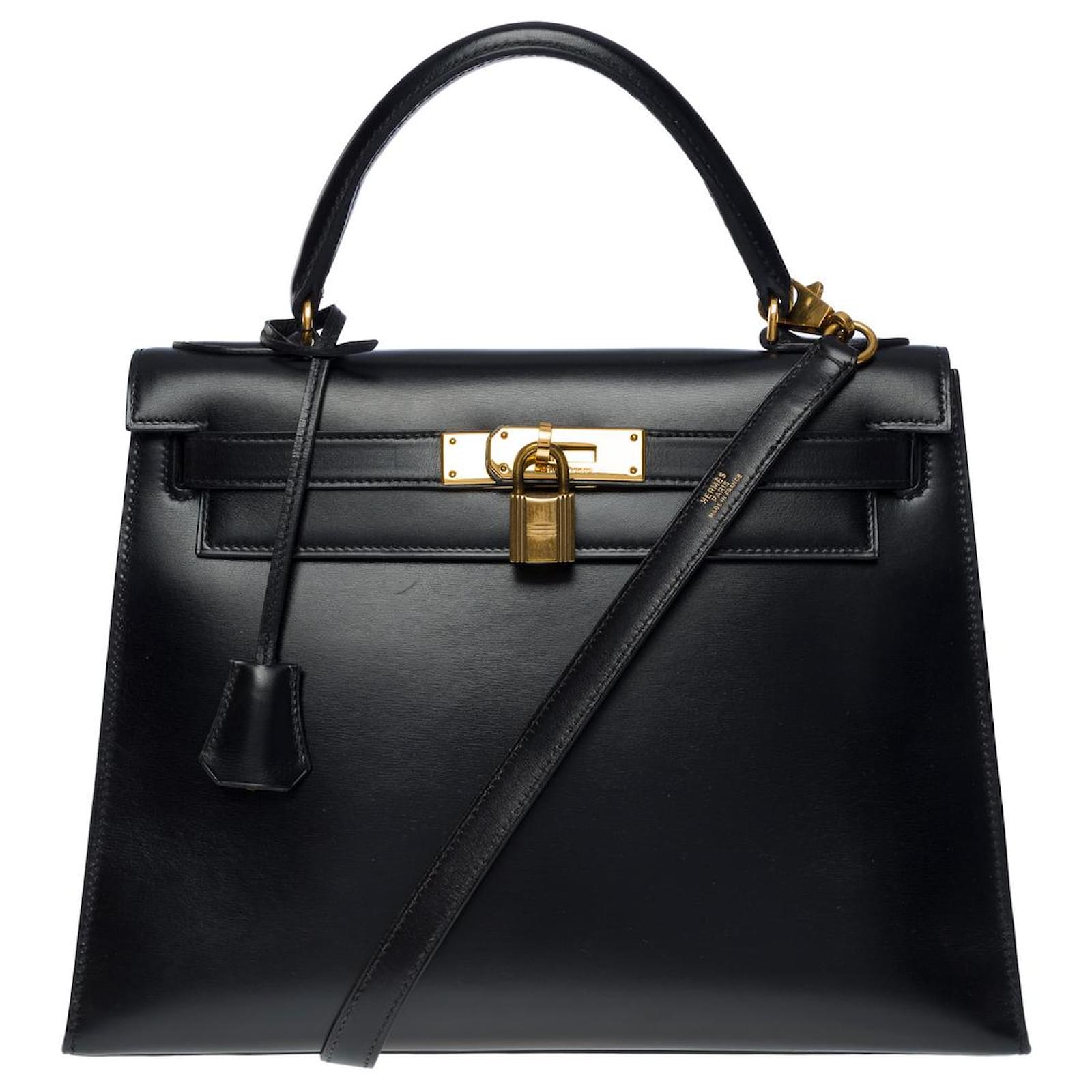 Hermès KELLY HANDBAG 28 saddler shoulder strap in black box-101135 ...