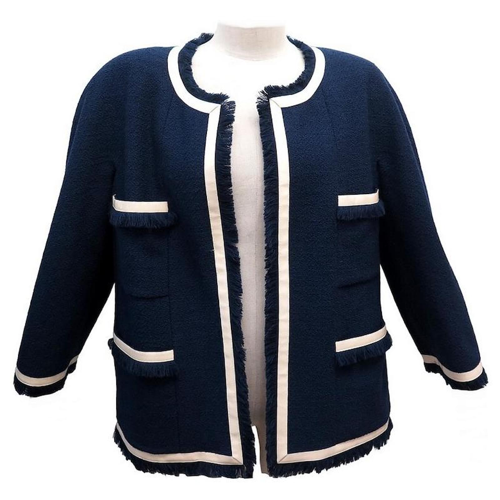CHANEL CARDIGAN JACKET WITH TWEED FRINGES NAVY BLUE XL 44 NAVY BLUE ...