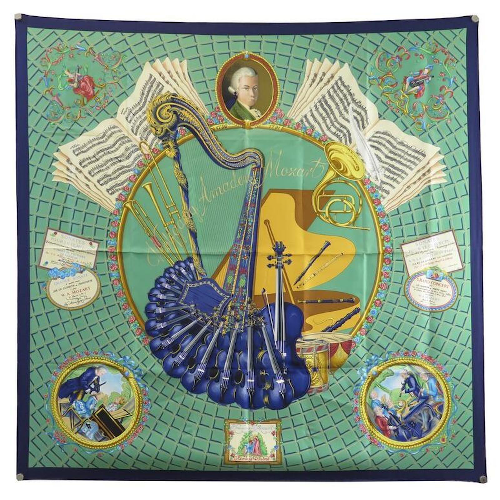 Hermès NEW HERMES SCARF TRIBUTE TO MOZART BY JULIA ABADIE GREEN SILK ...