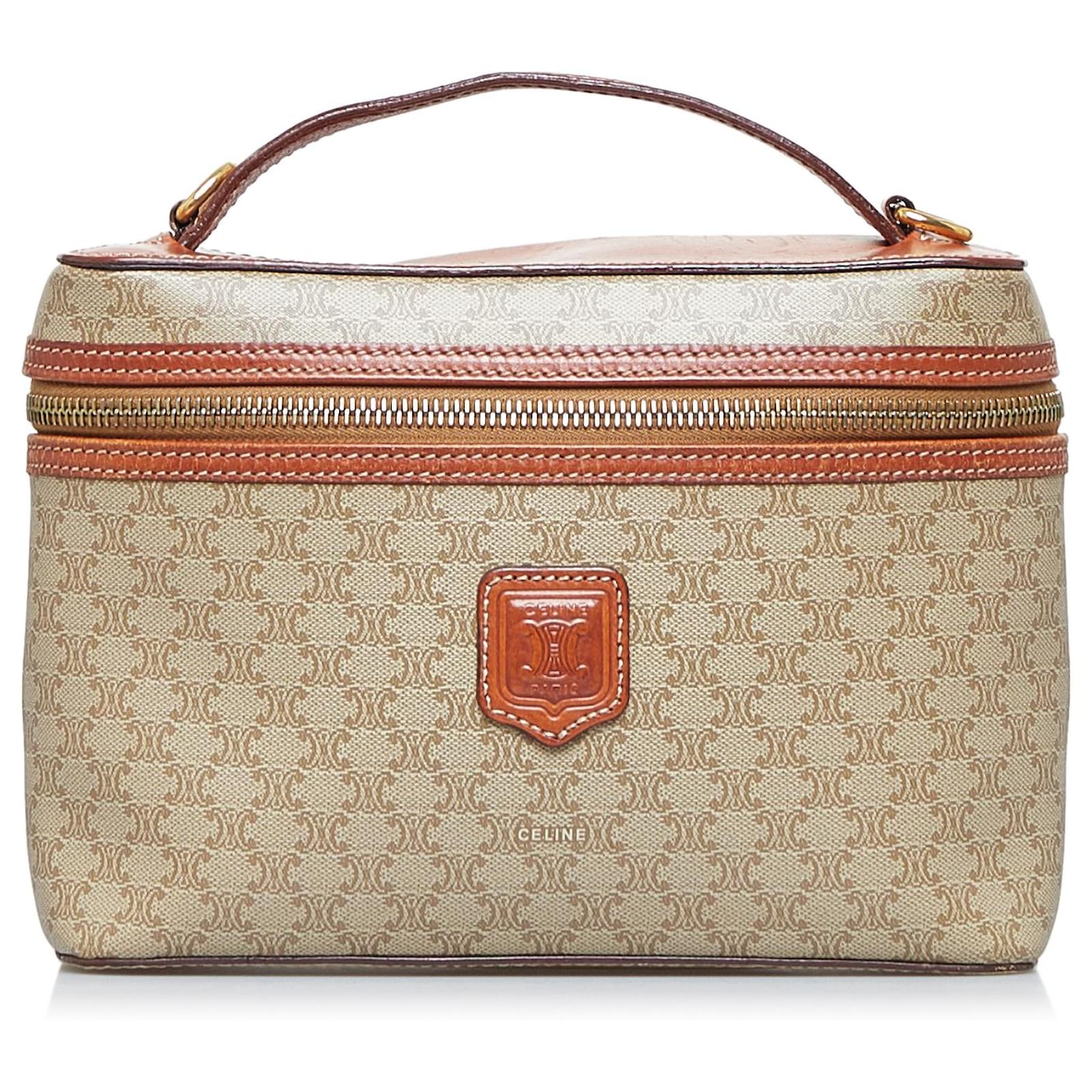 Céline Celine Brown Macadam Vanity Bag Beige Leather Cloth Pony-style ...