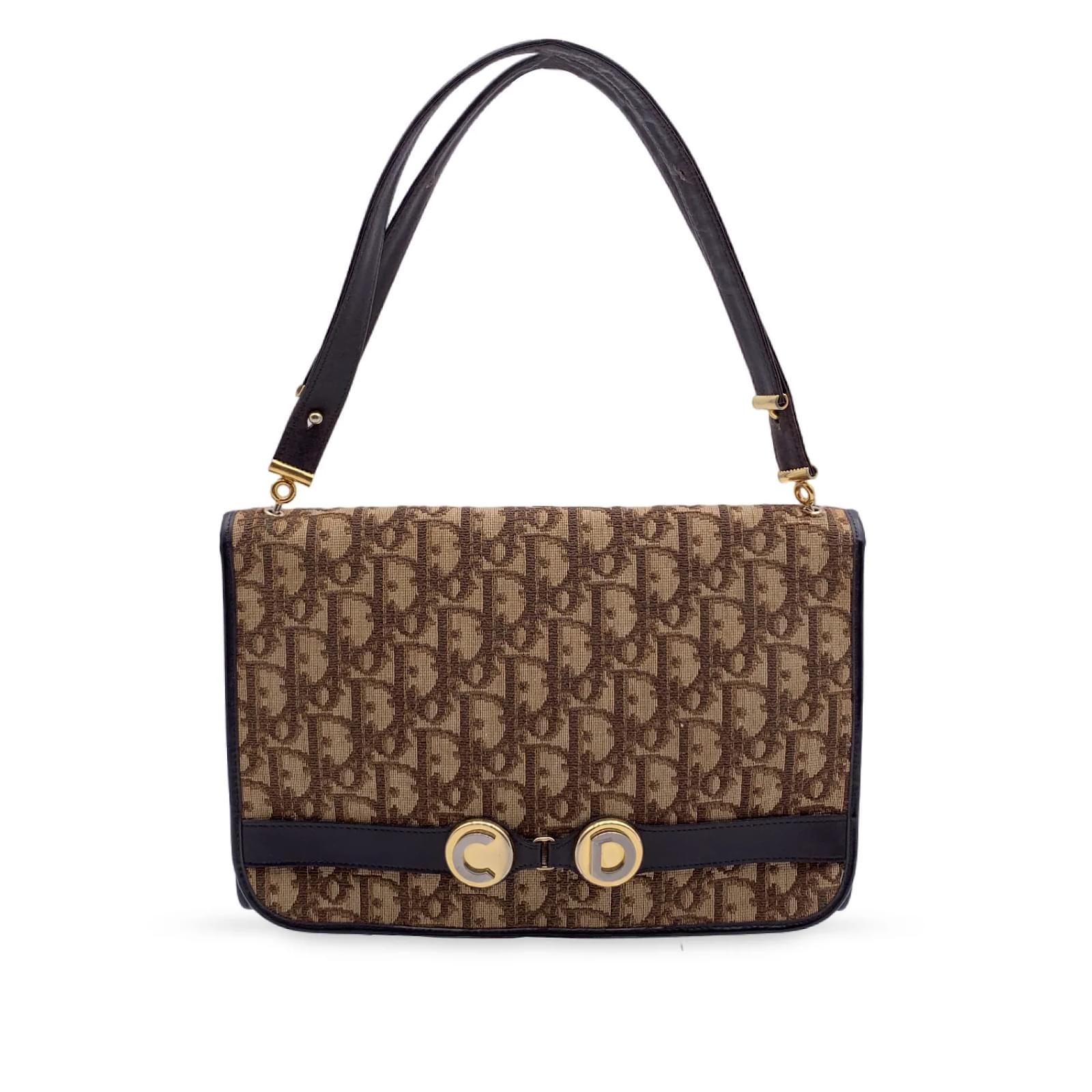 Christian Dior Borsa a tracolla in tela con logo obliquo marrone ...
