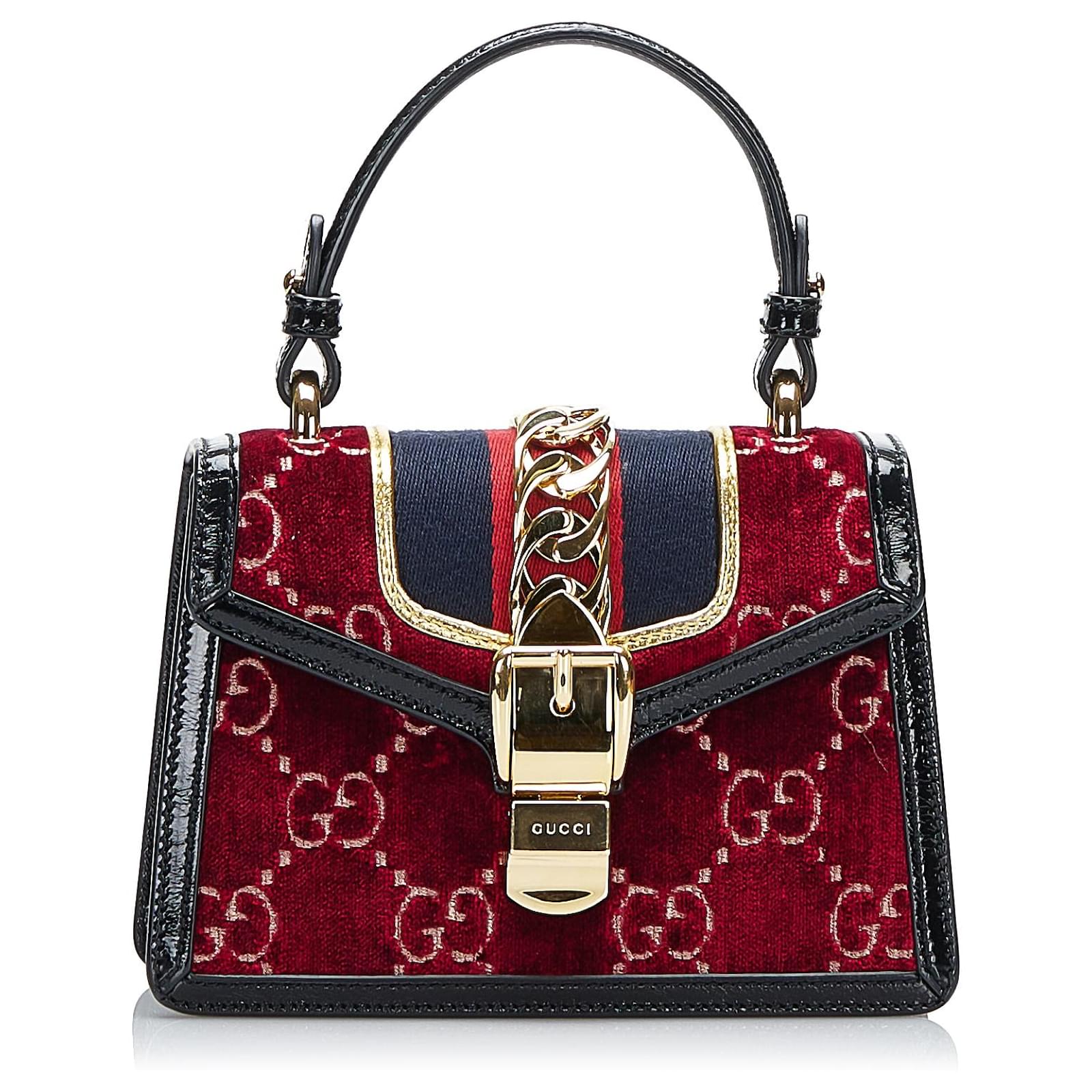 Gucci Red Mini GG Velvet Sylvie Satchel Pony-style calfskin Cloth ref ...