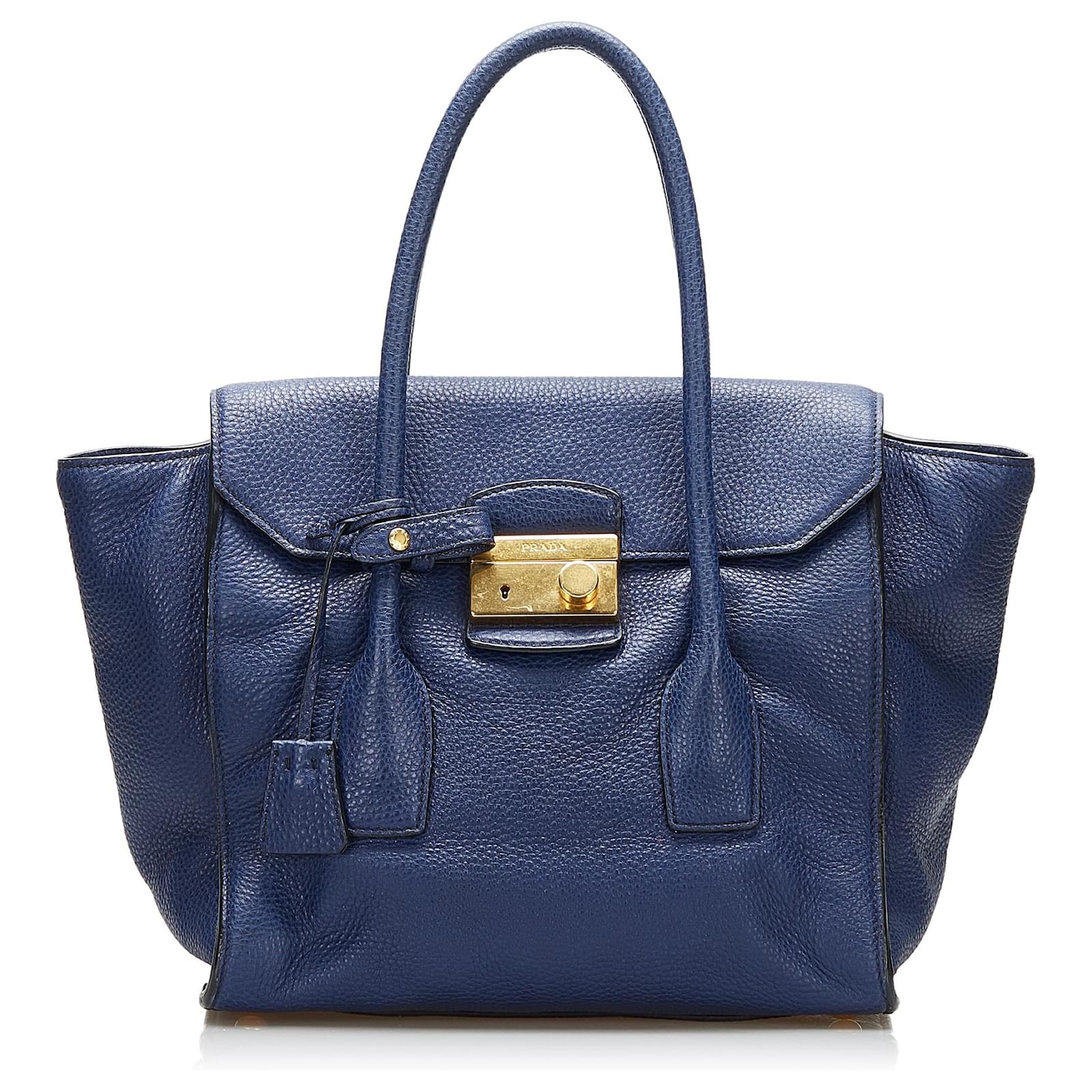 Prada Blue Vitello Daino Sound Lock Satchel Leather Pony-style calfskin ...