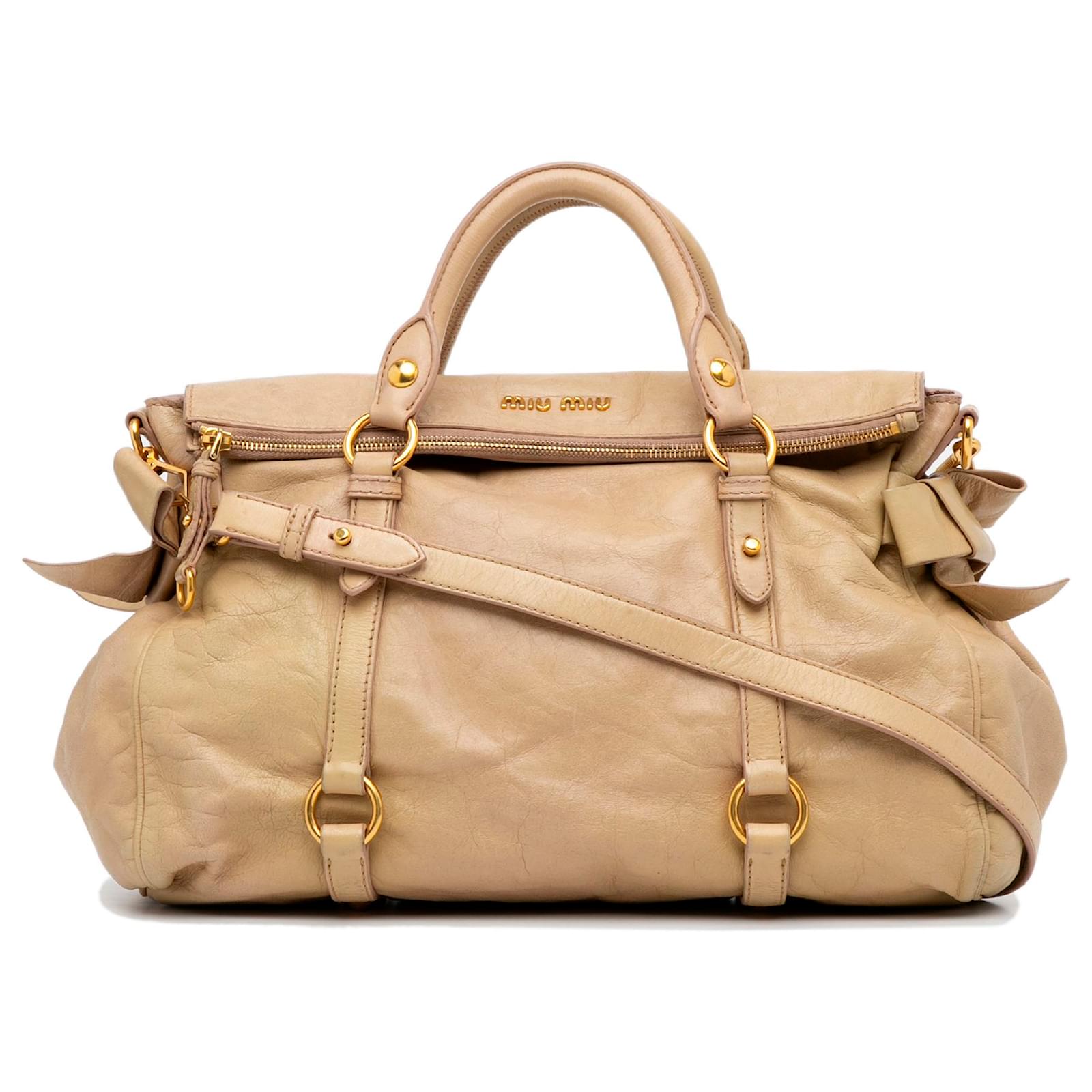 Miu Miu Brown Vitello Lux Bow Satchel Beige Leather Pony-style calfskin ...