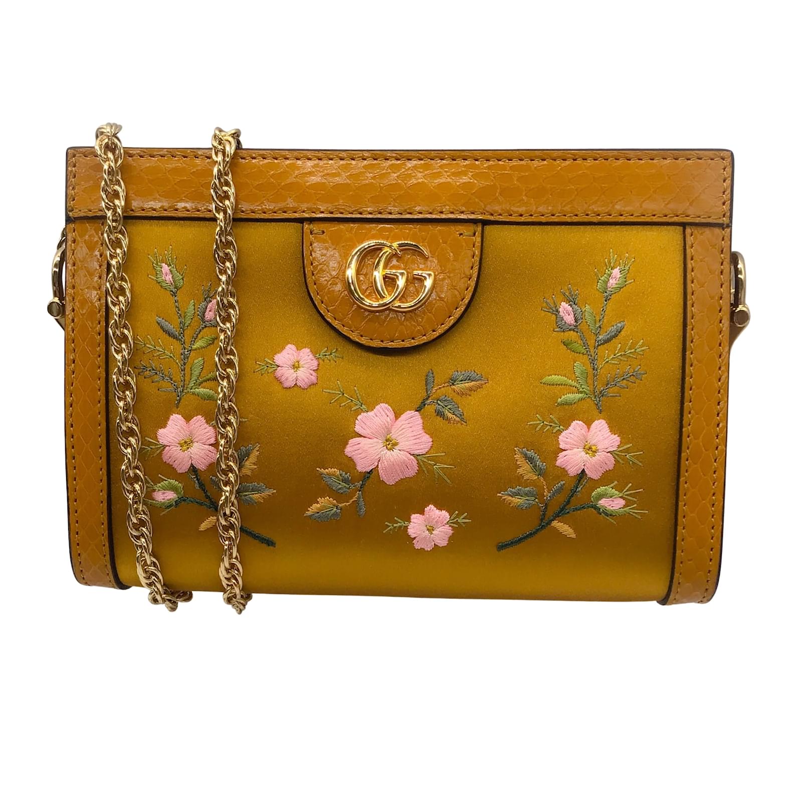 Gucci Yellow Ophidia GG Python Skin Leather Trimmed Floral Embroidered ...