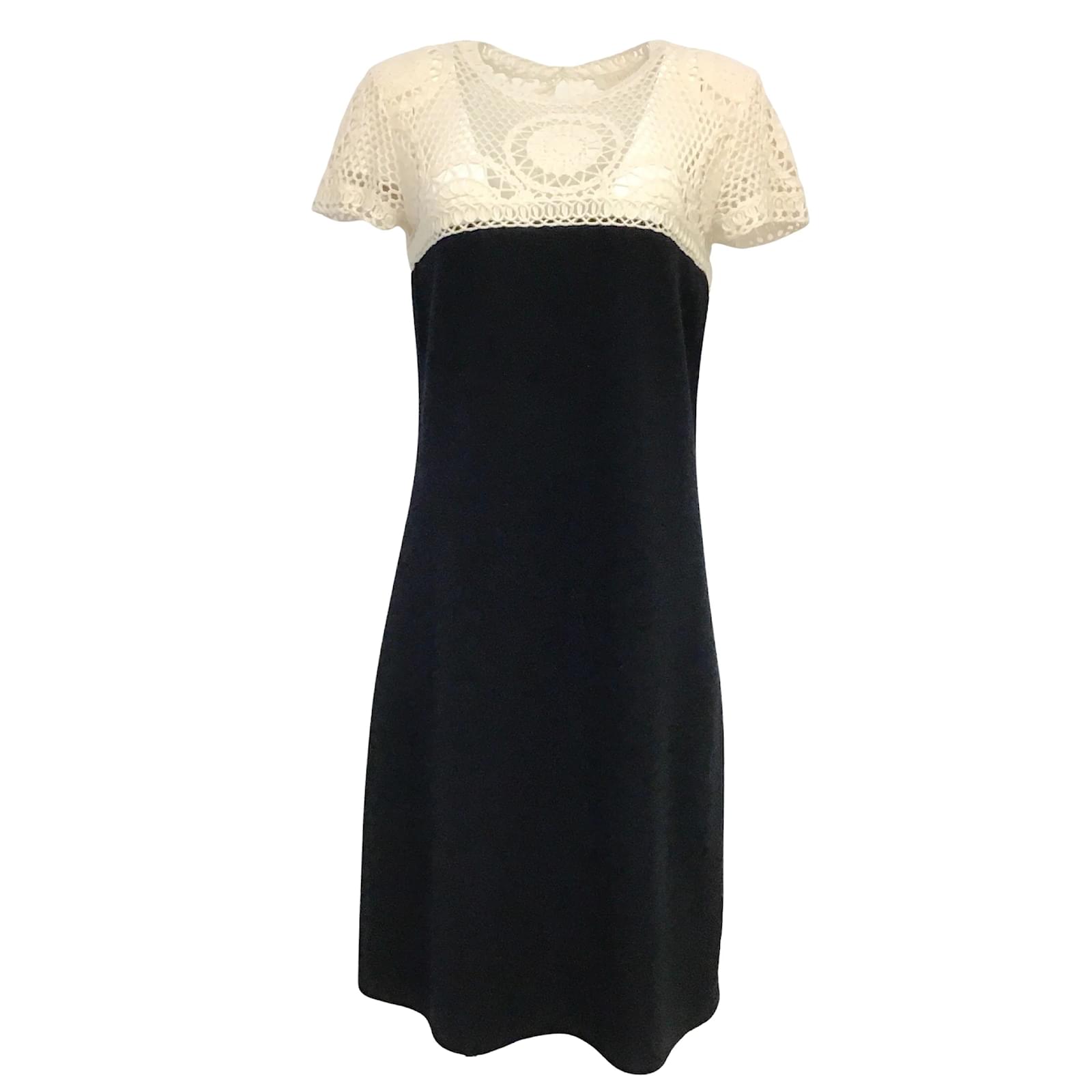 Valentino Garavani Robe de cocktail en laine noire et crochet ivoire ...