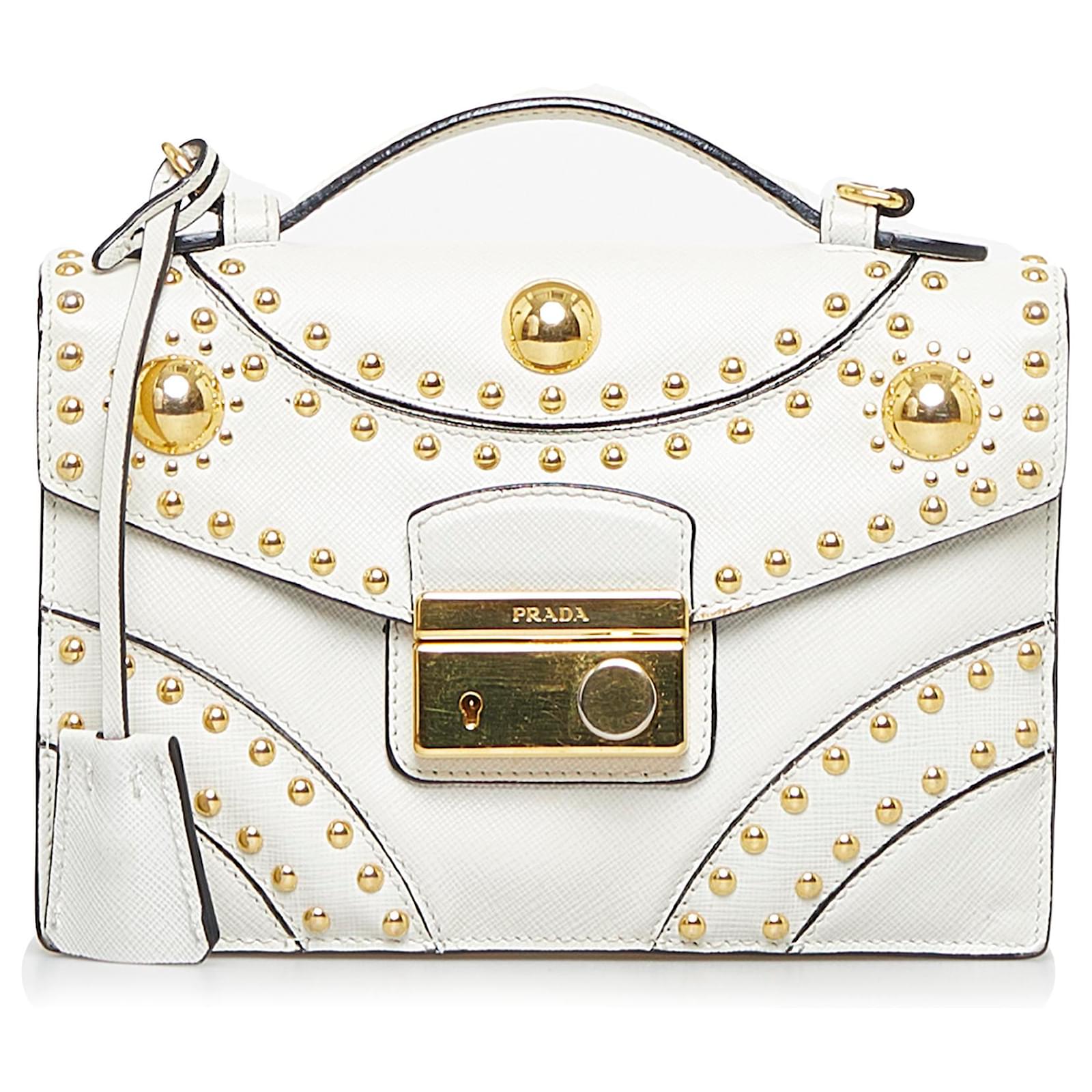 Prada White Studded Saffiano Sound Lock Satchel Cream Leather Pony ...