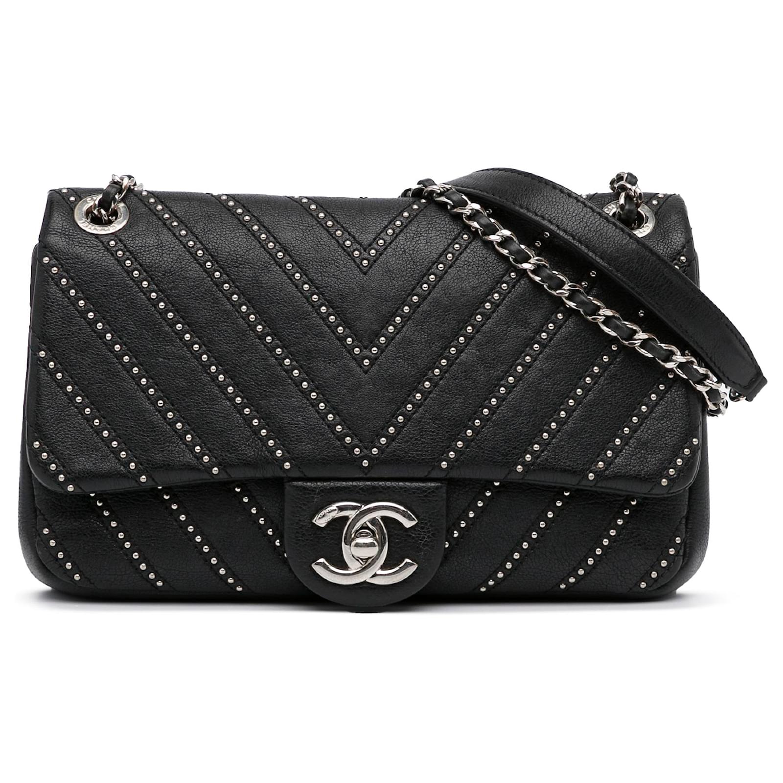 Chanel Black Mini Chevron Stud Wars Flap Leather Pony-style calfskin ...