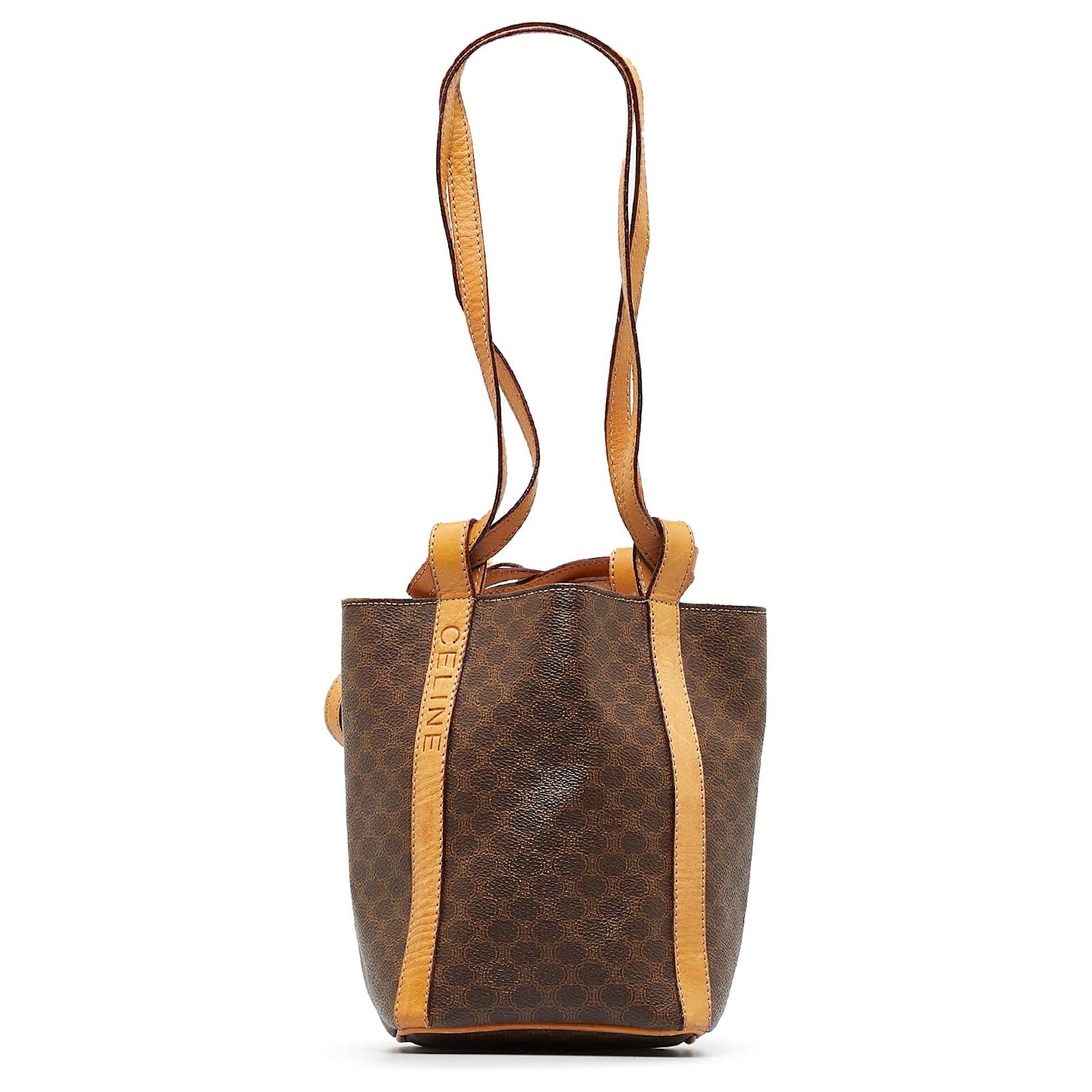 Céline Celine Brown Macadam Bucket Bag Leather Cloth Pony-style ...
