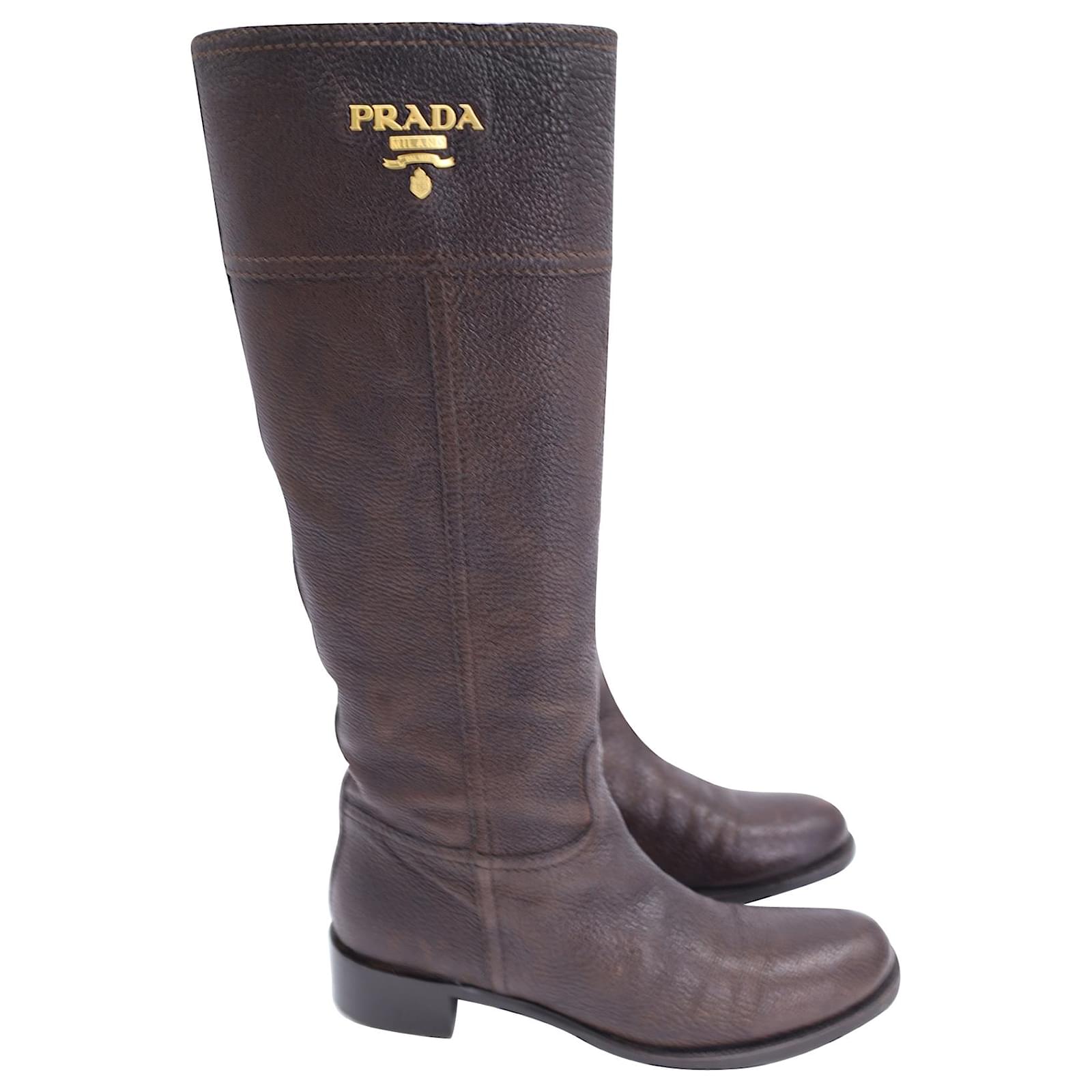 Bottines Plates Prada Tall en Cuir Marron ref.955923 - Joli Closet