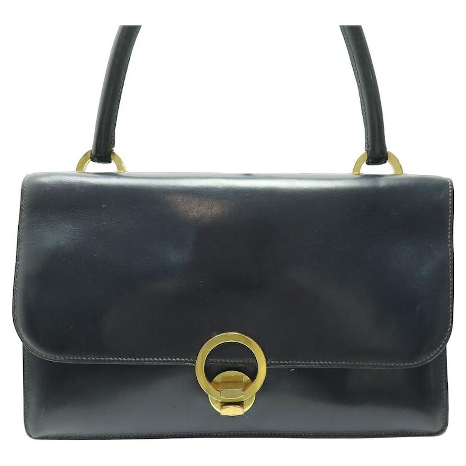 Hermès VINTAGE HERMES RING CIRCA HANDBAG 1970 NAVY BLUE BOX LEATHER ...