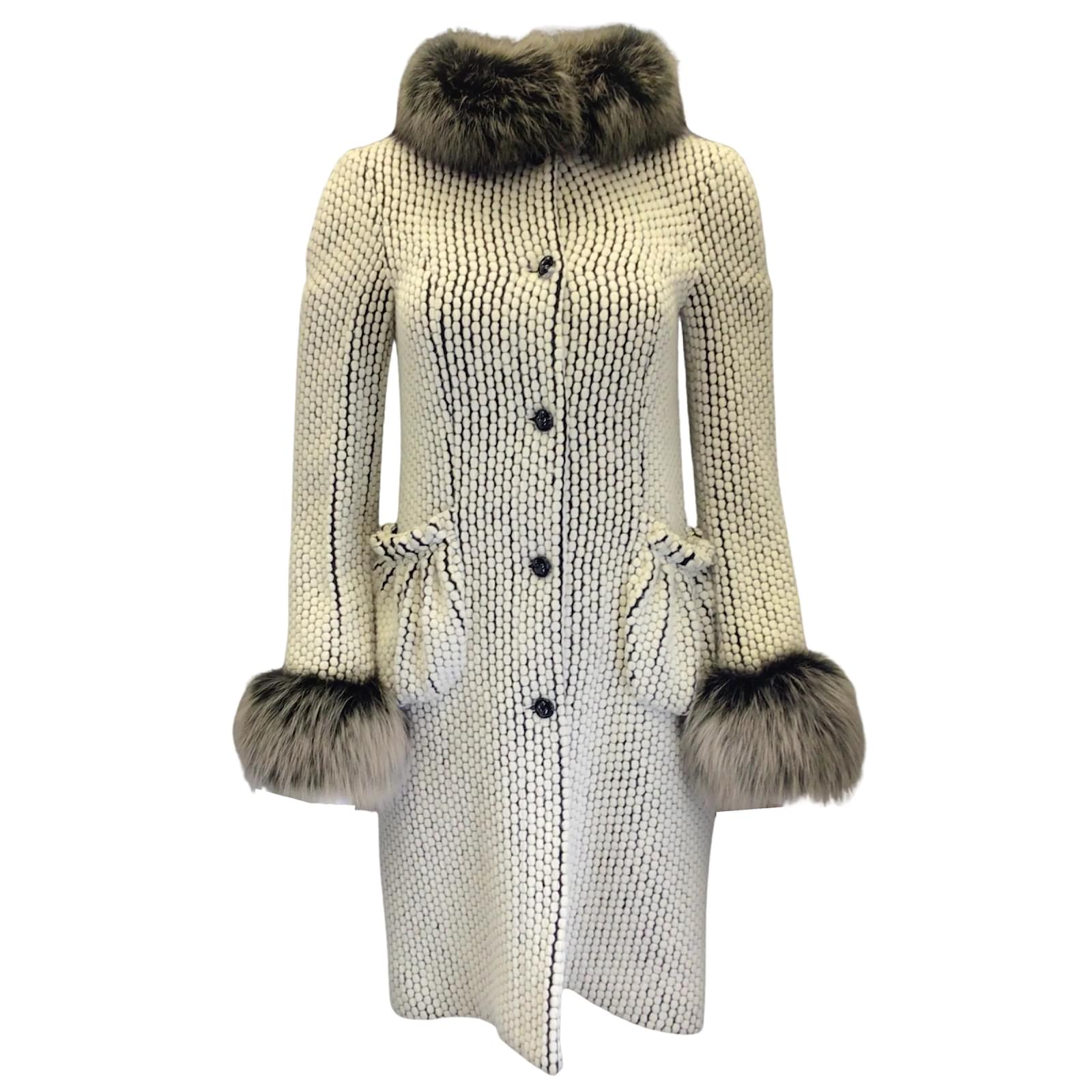 Fendi Ivory / Black Fox Fur Trimmed Silk Lined Wool Knit Coat Cream ref ...