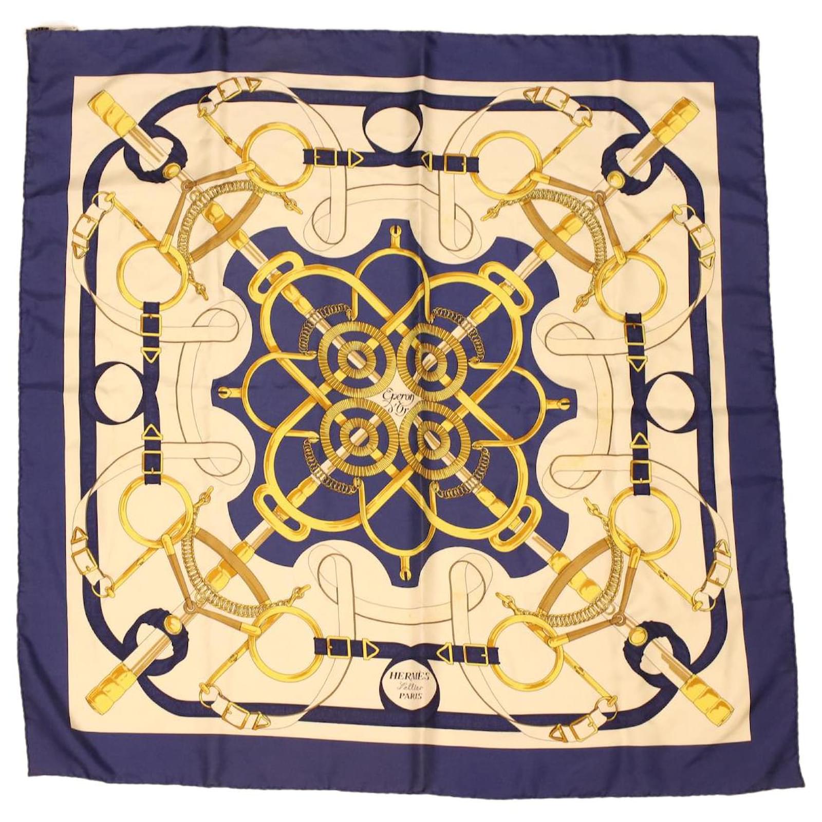 Hermès HERMES CARRE 90 Eperon d eor Scarf Blue White Yellow Auth bs5977 ...