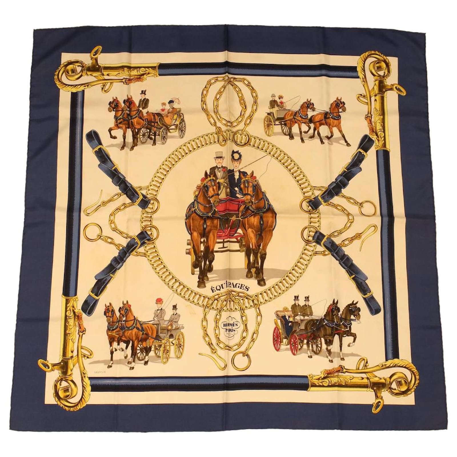 Hermès HERMES CARRE 90 equipages Scarf Silk White Navy Auth bs6093 Navy ...