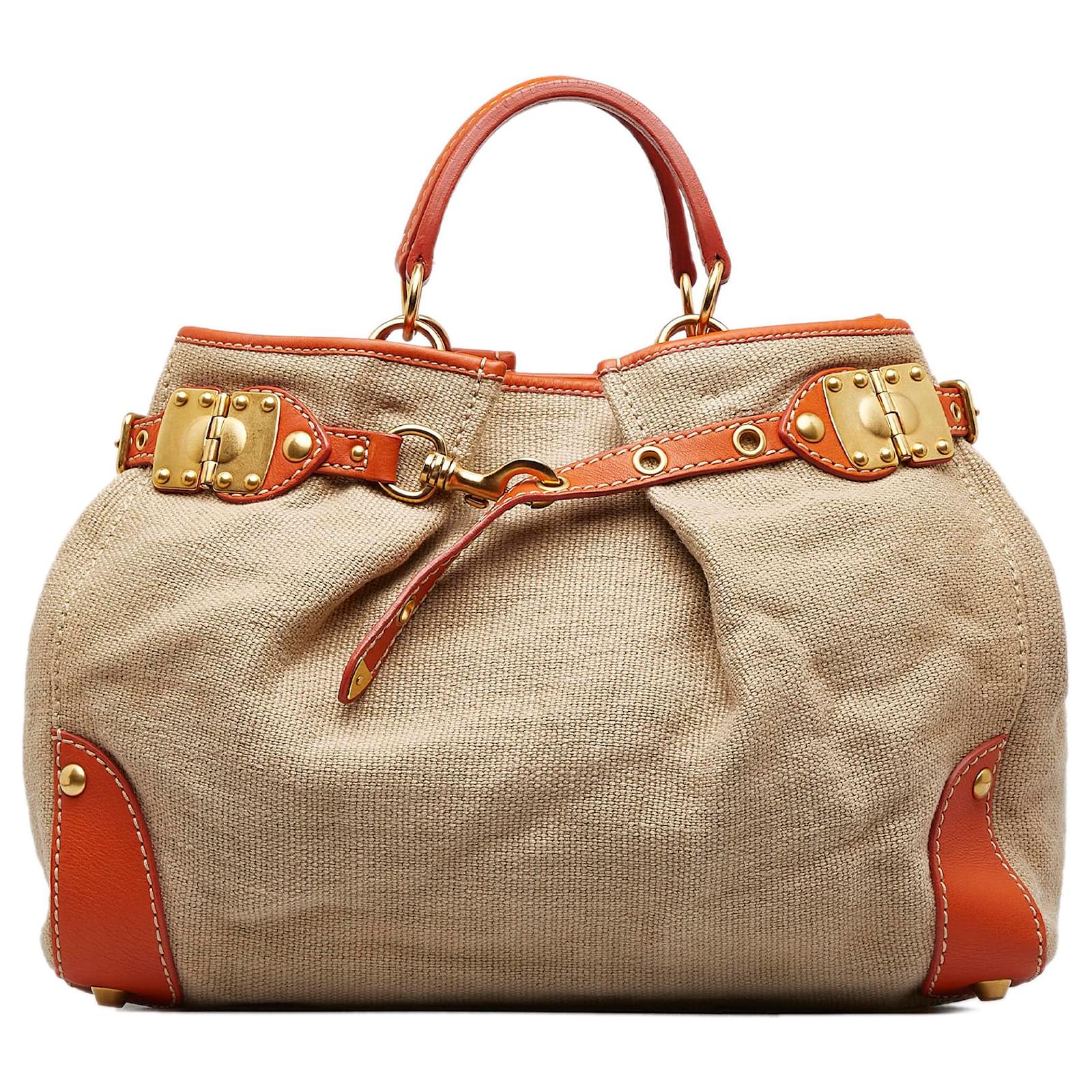 Miu Miu Brown Canvas Tote Beige Orange Leather Cloth Pony-style ...