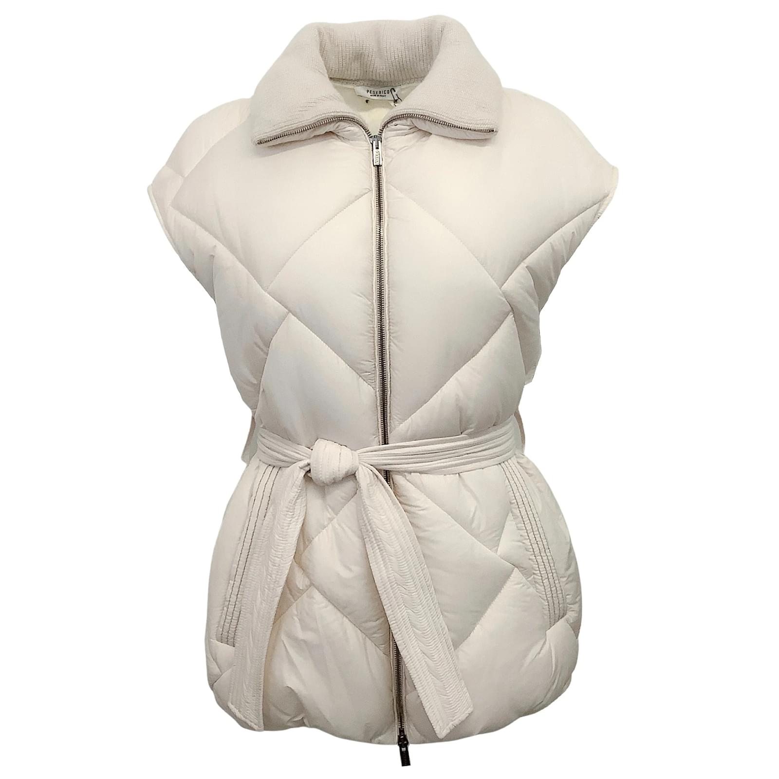 Peserico White Belted Puffer Vest with Monili Cream Polyester ref ...