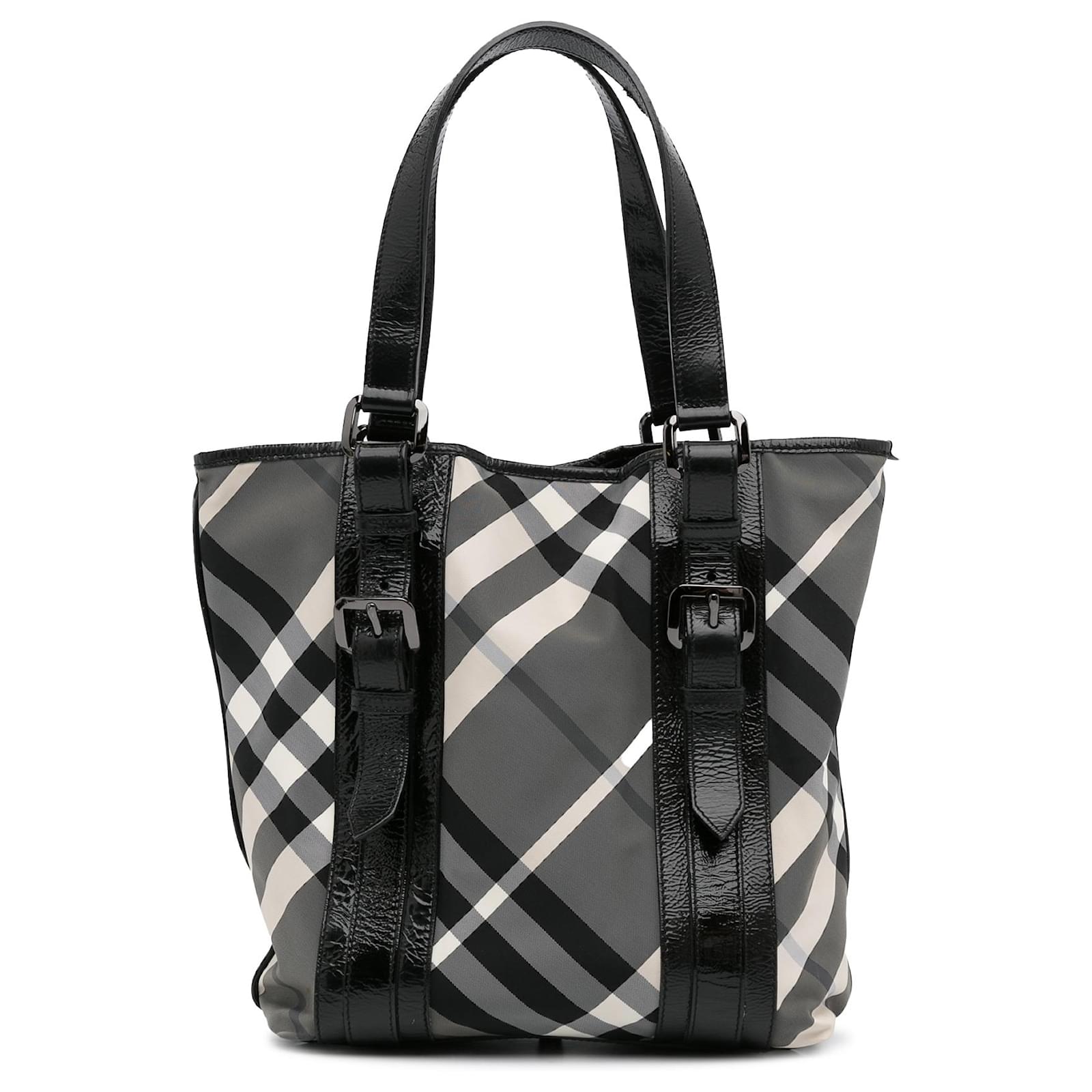 Burberry Gray Beat Check Victoria Grey Leather Patent leather Nylon ...