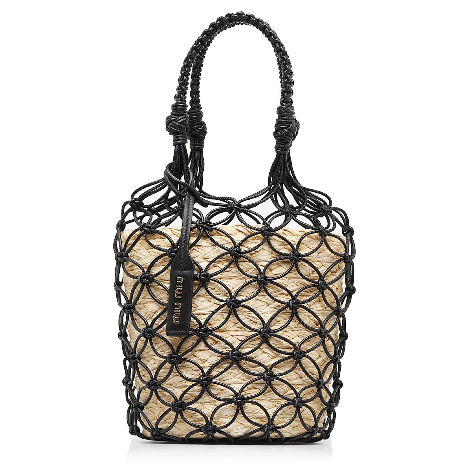 Sac seau en raphia avec bordure en cuir marron Miu Miu Beige ref.965703 ...