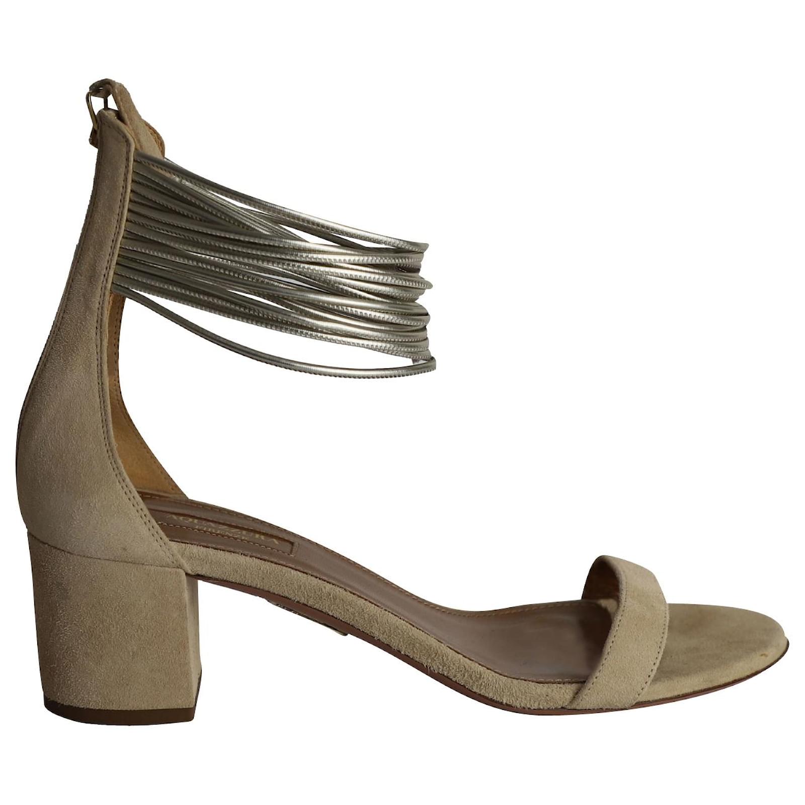 Aquazzura Spin Me Around Block Heel Open Toe Sandals in Beige Suede ref ...