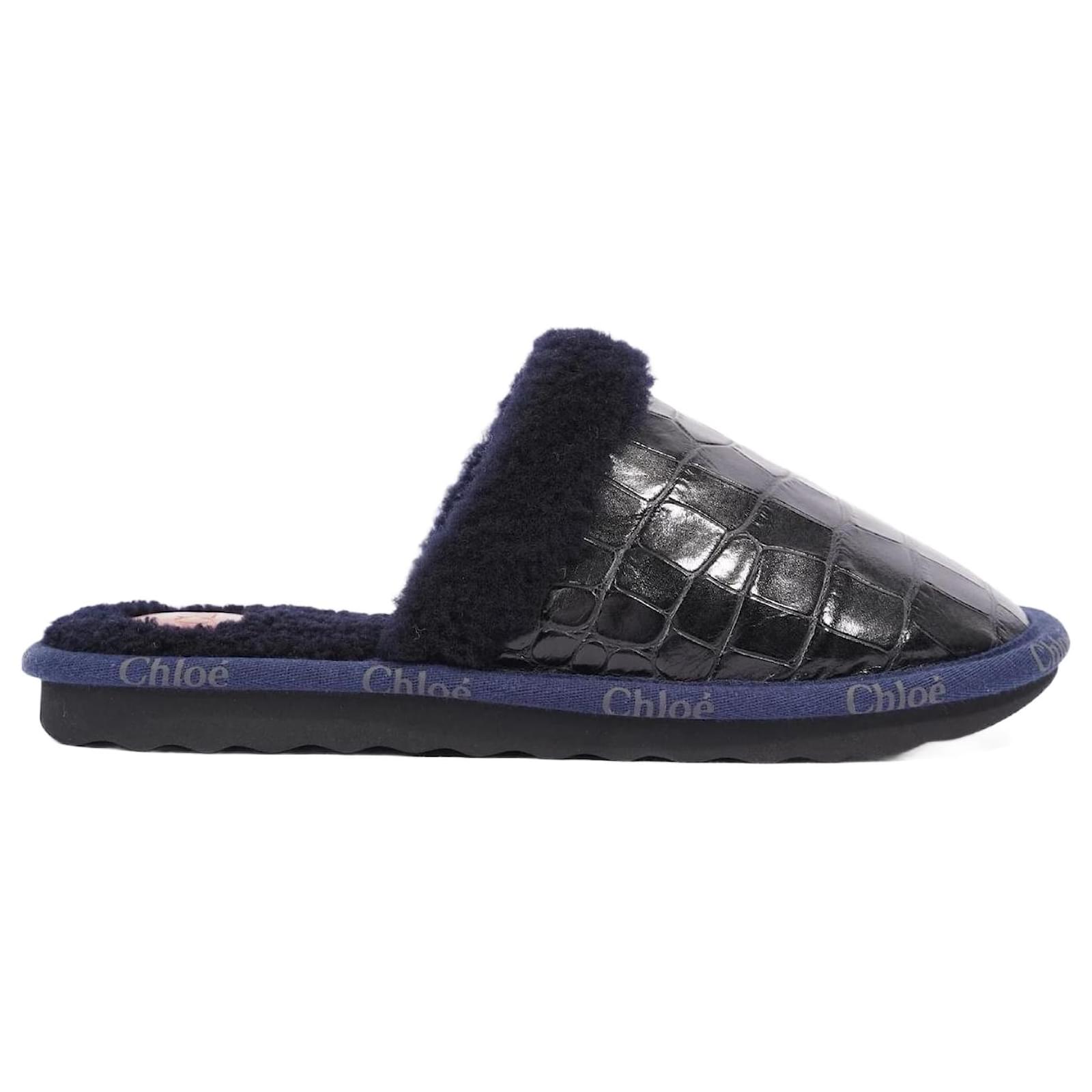 Chloé Chloe Shearling Slide Black / Navy EU 38 / UK 5 Leather ref ...