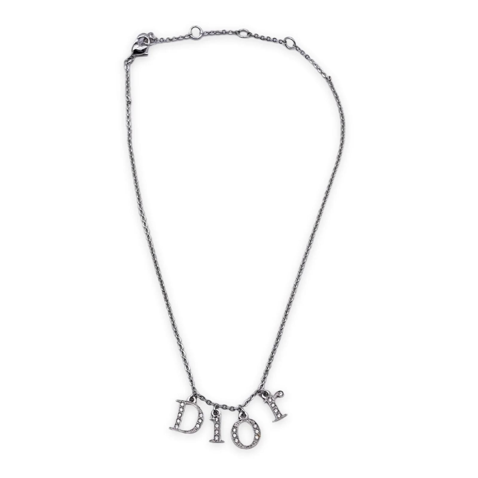 Christian Dior Silver Metal Crystals Letters Charms Chain Necklace ...