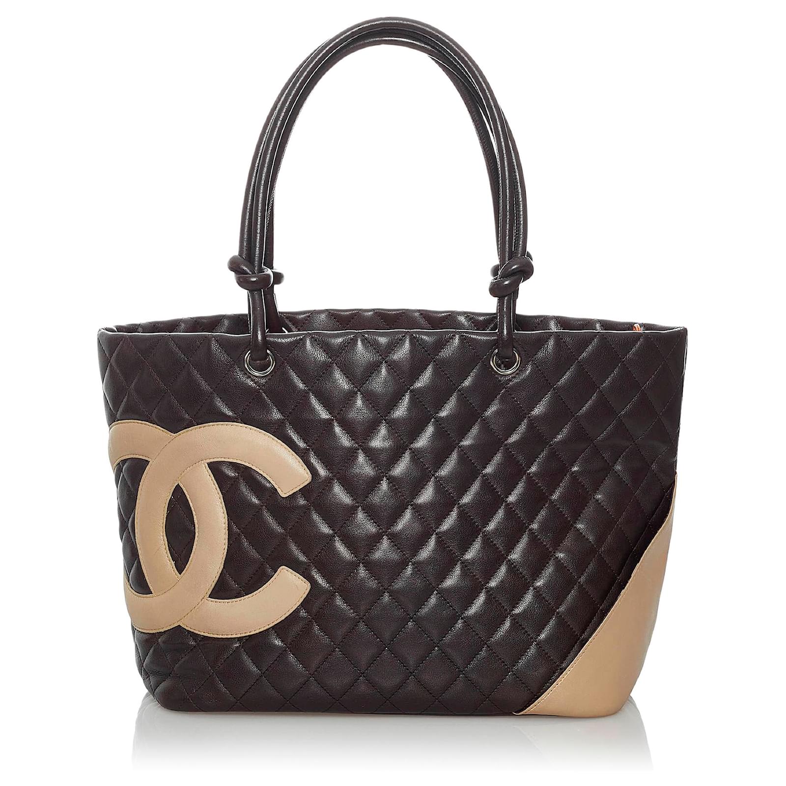 Sac cabas en cuir d'agneau Chanel noir Cambon Ligne Marron Beige ref ...