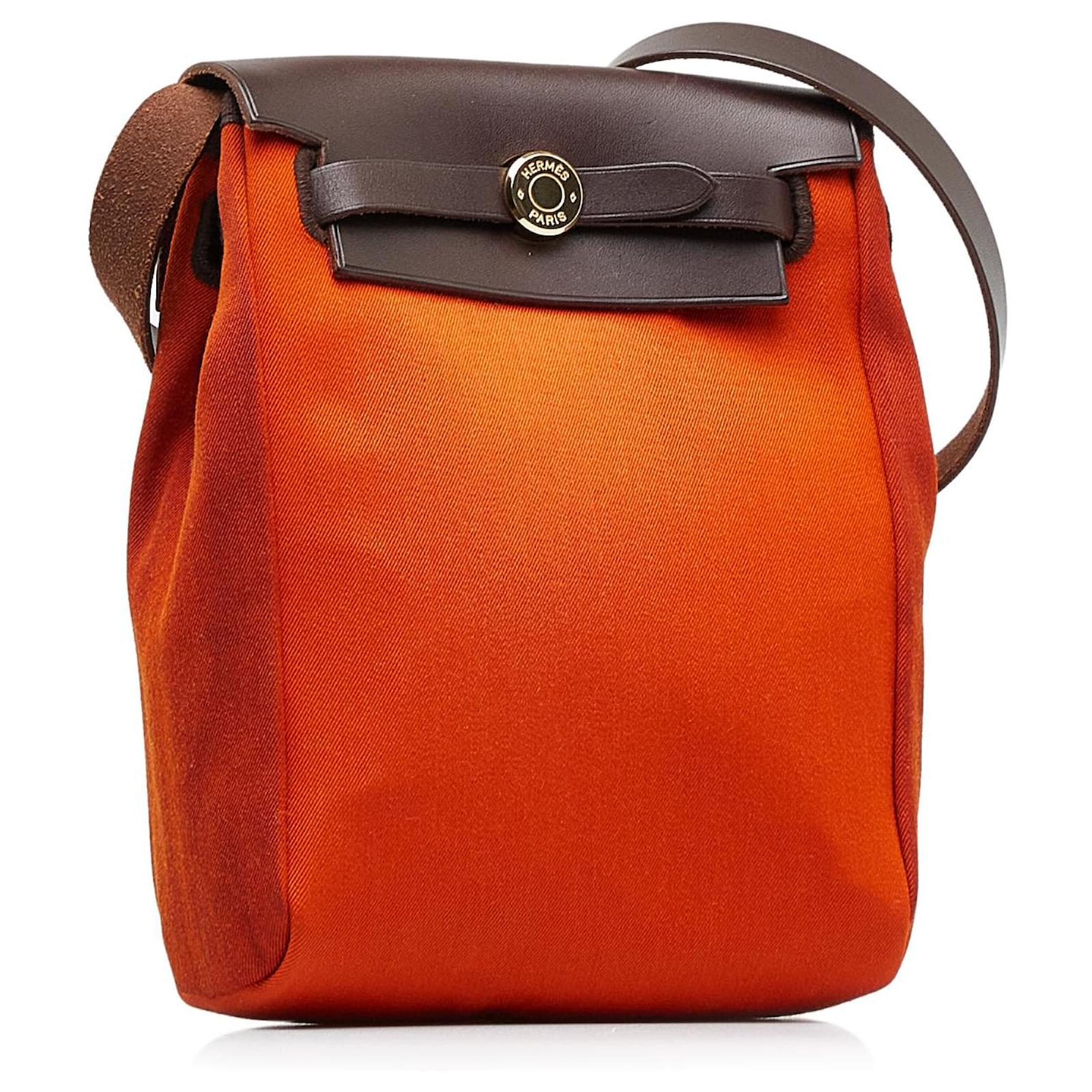 Hermès Hermes Orange Herbag TPM Brown Leather Cloth Pony-style calfskin ...