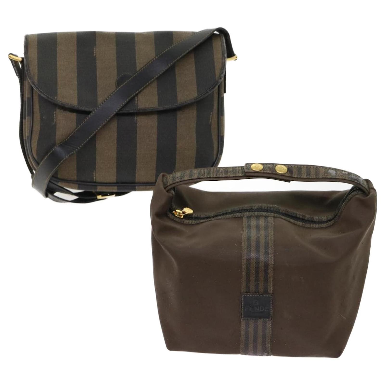Pequin FENDI Pecan Canvas Shoulder Bag Nylon 2Set Brown Black Auth ...
