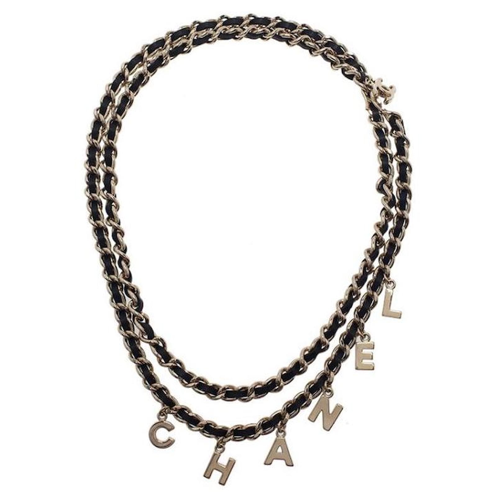 Chanel CC Logo Silver and Black Leather Letter Chain Belt Necklace ...