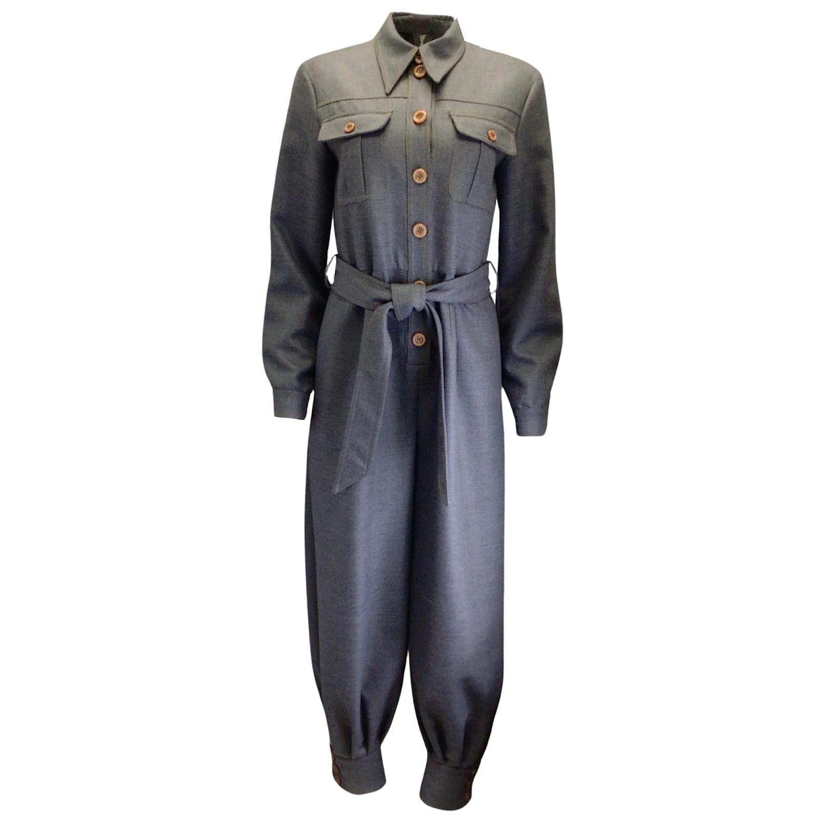 Gucci Grey 2019 Belted Military Style Relaxed Fit Wool Jumpsuit ref ...