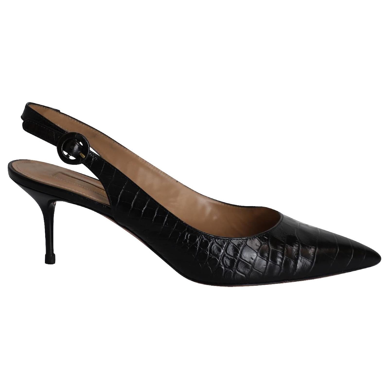 Aquazzura Croc Embossed Yale Slingback Sandals in Black Leather ref ...