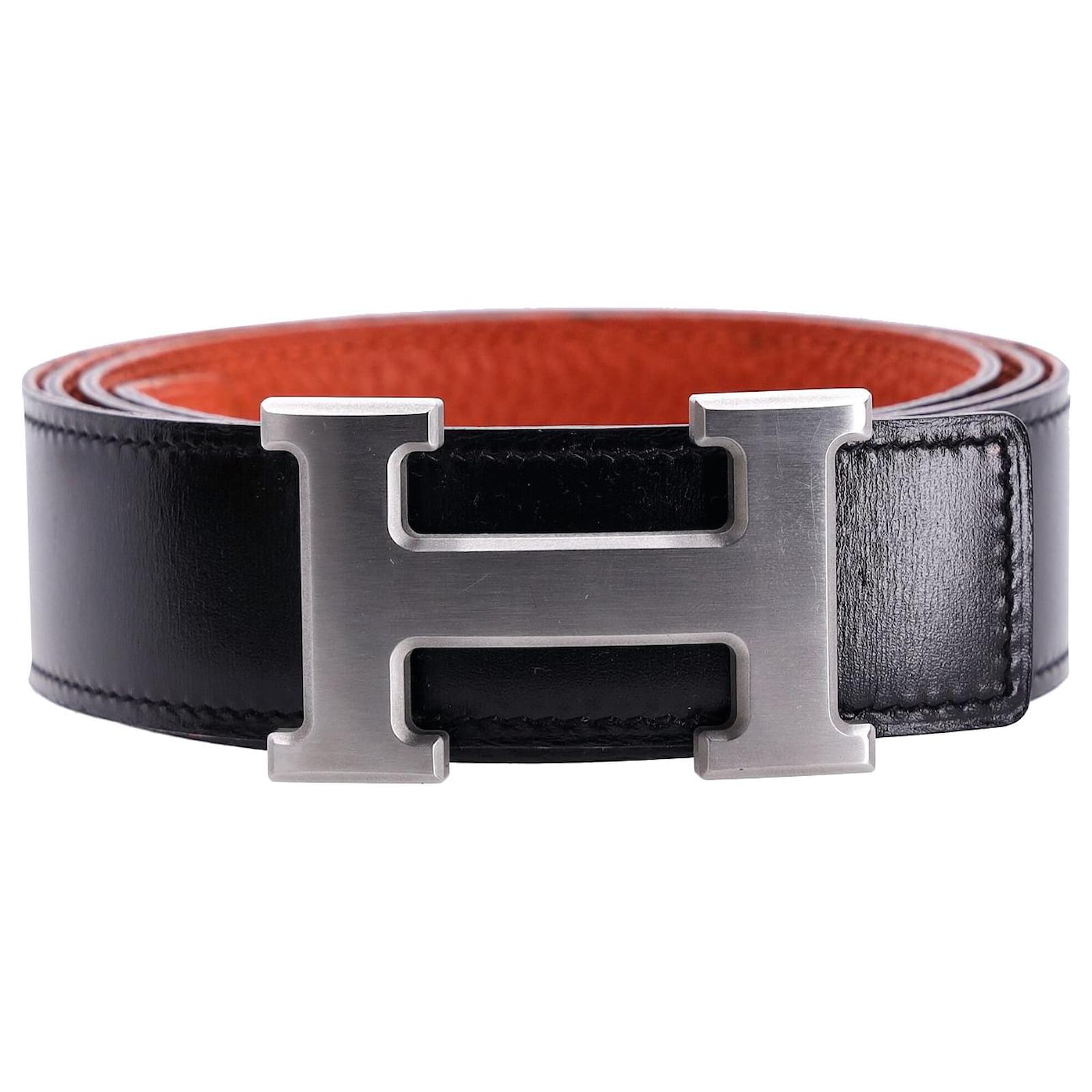 Hermès Hermes “H” Belt Buckle in Black/Orange Calf Leather Pony-style ...