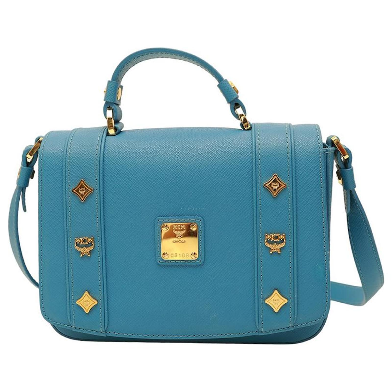 MCM Blue Flap Top Handle Gold Tone HW Long Sac à main à bandoulière ...
