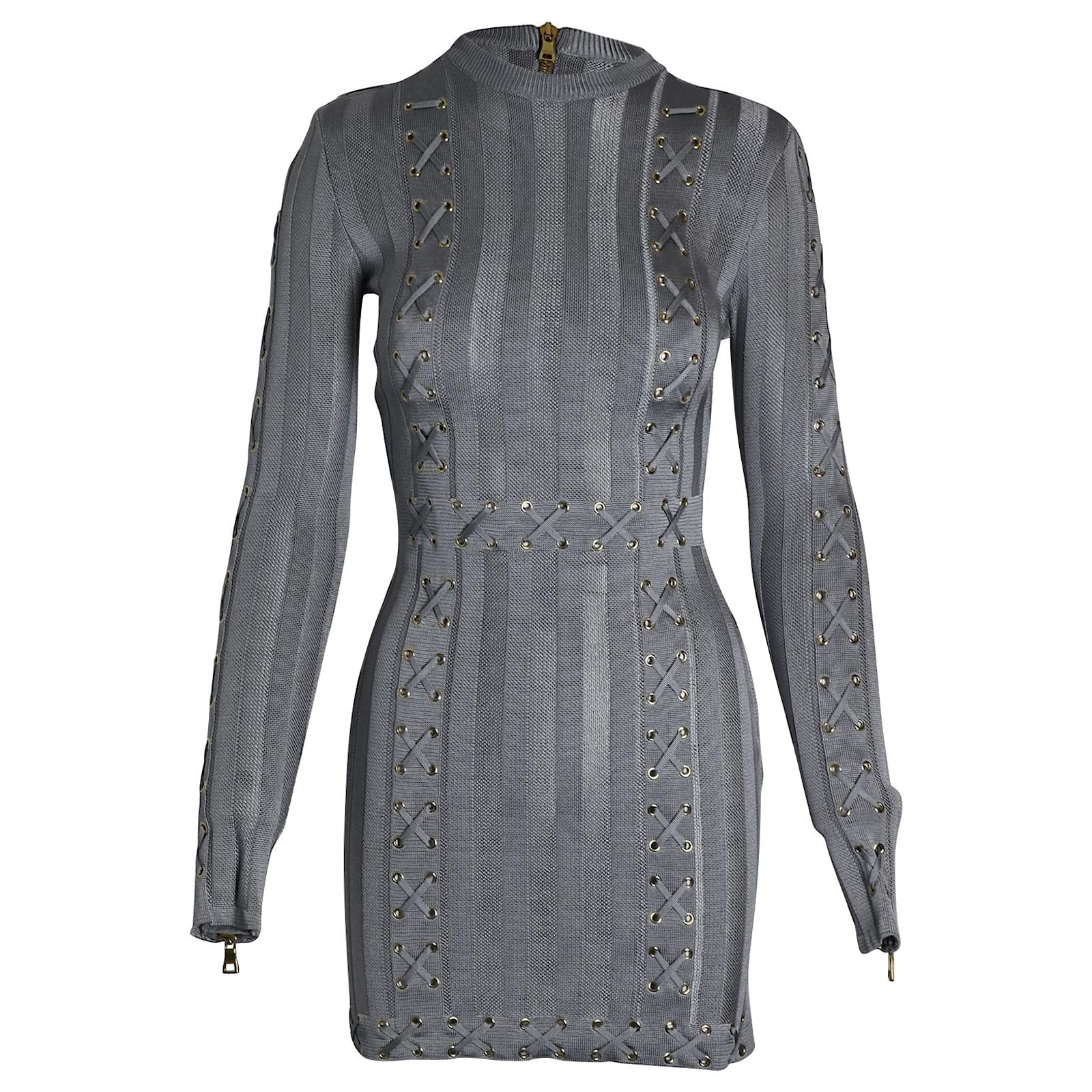 Balmain Lace-Up Detail Knit Mini Dress in Light Blue Viscose Cellulose ...