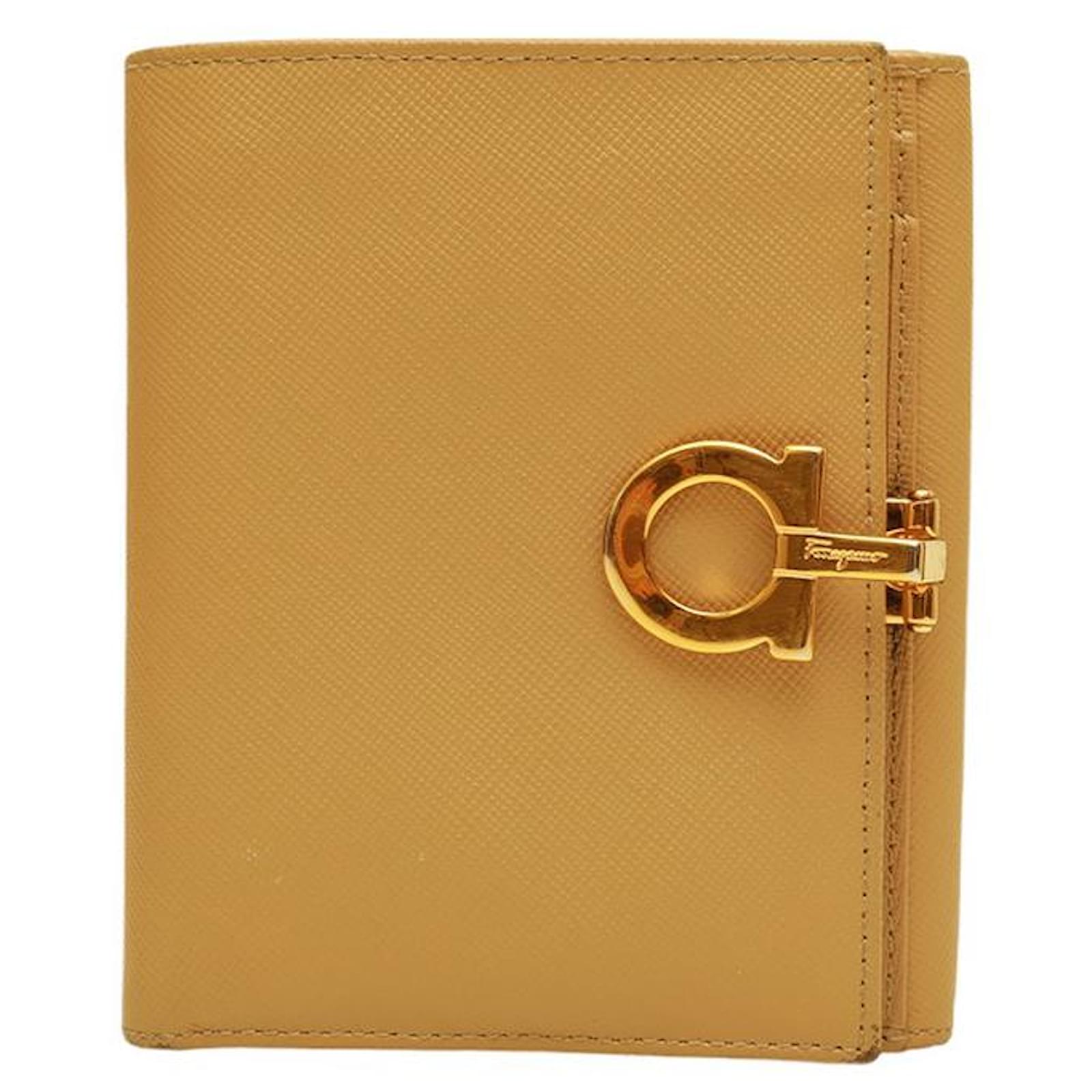 Salvatore Ferragamo Beige Leather Gold Gancio Cards Coins Bifold Wallet ...