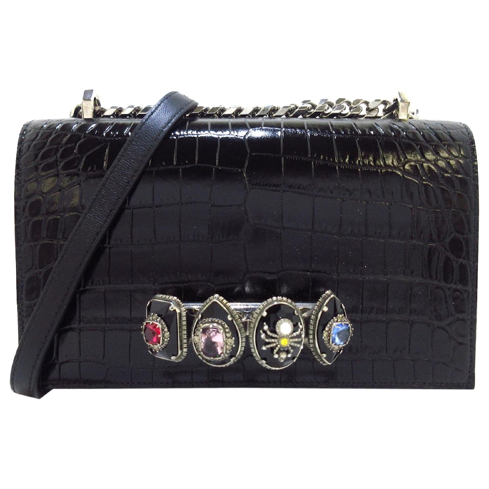 Alexander McQueen Black Croc Embossed Spider Knuckle Duster Leather ...