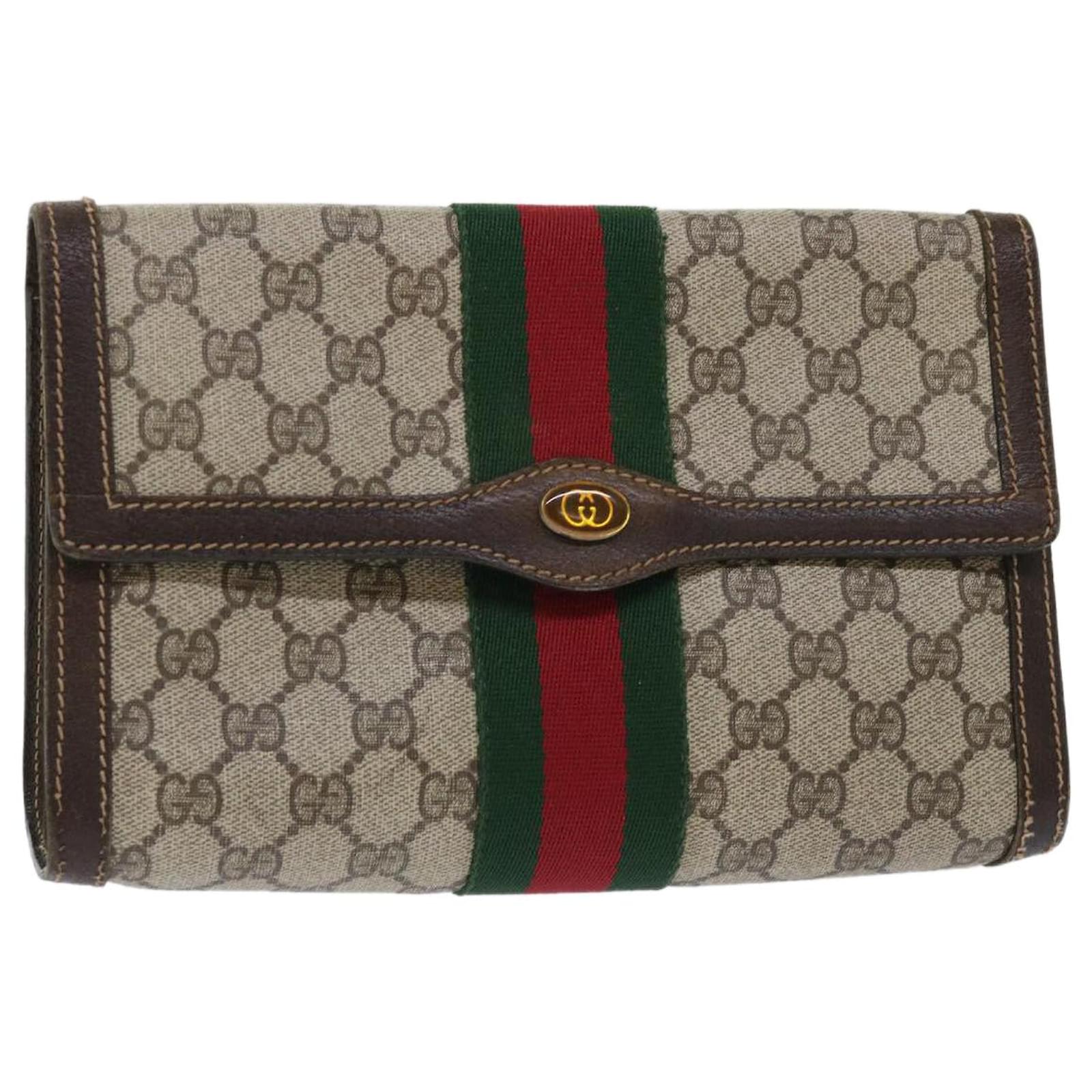 GUCCI GG Canvas Web Sherry Line Clutch Bag PVC Leather Beige Red Auth ...
