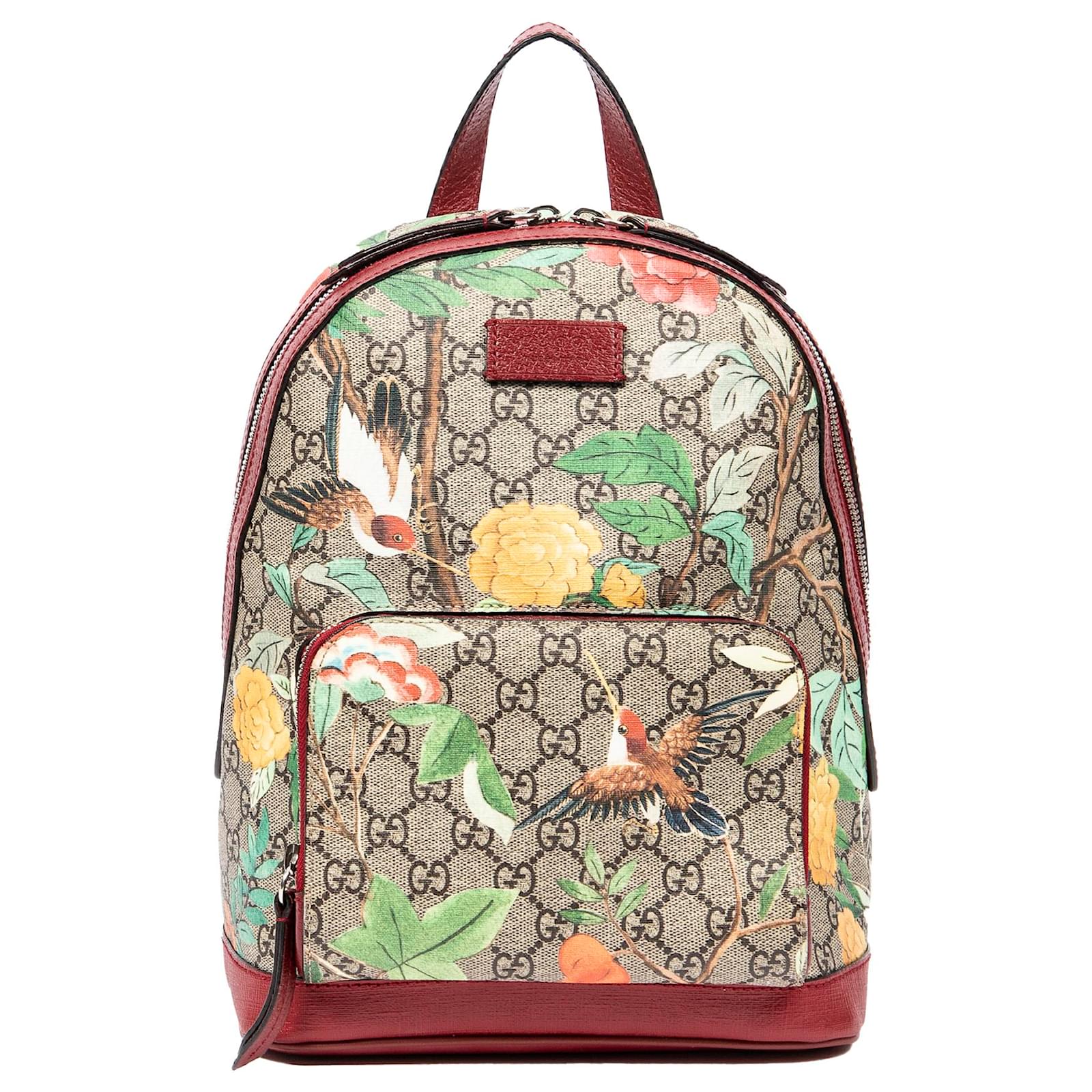 Gucci Brown Small GG Supreme Tian Backpack Red Beige Leather Cloth Pony ...