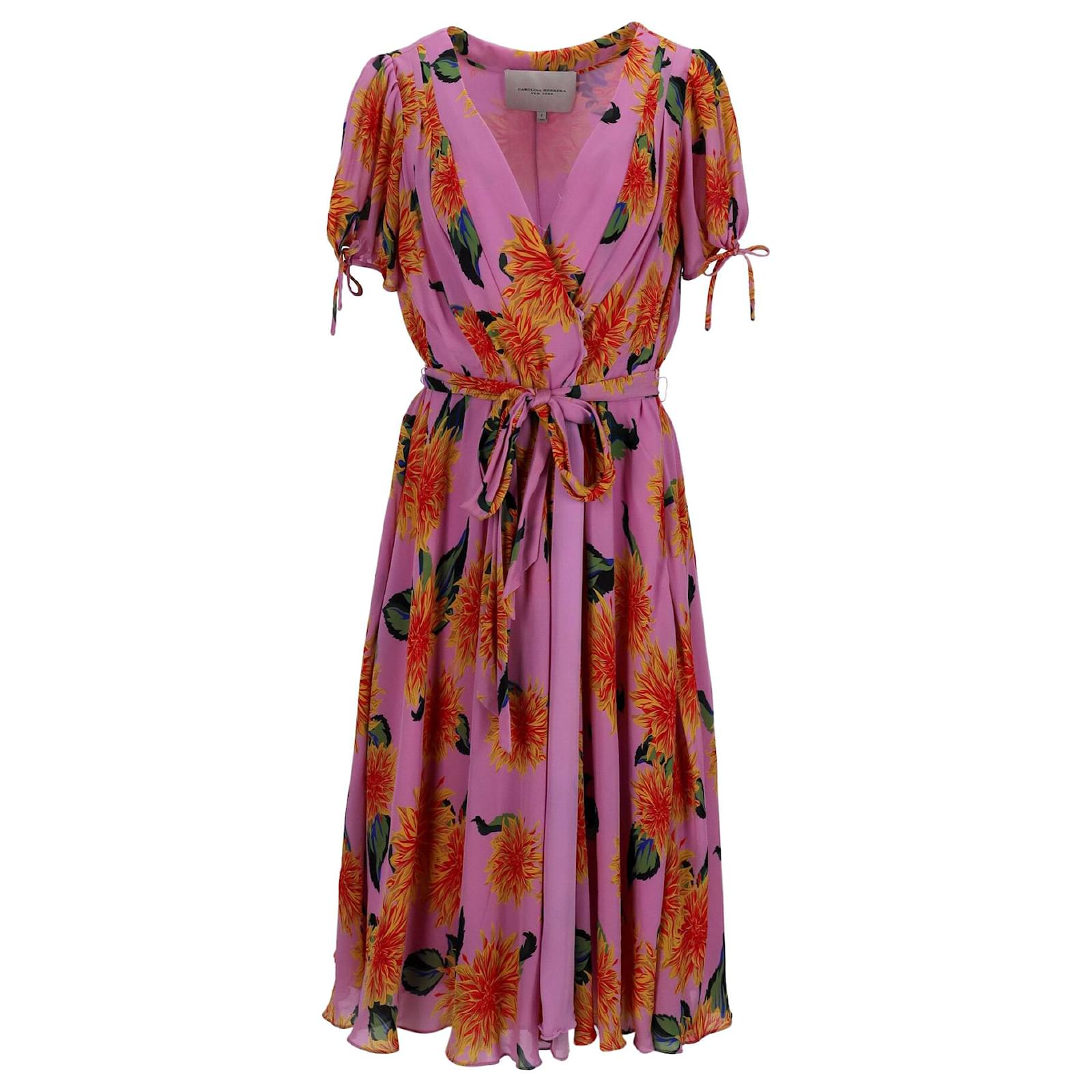 Carolina Herrera Floral-Print Midi Wrap Dress in Multicolor Silk ...
