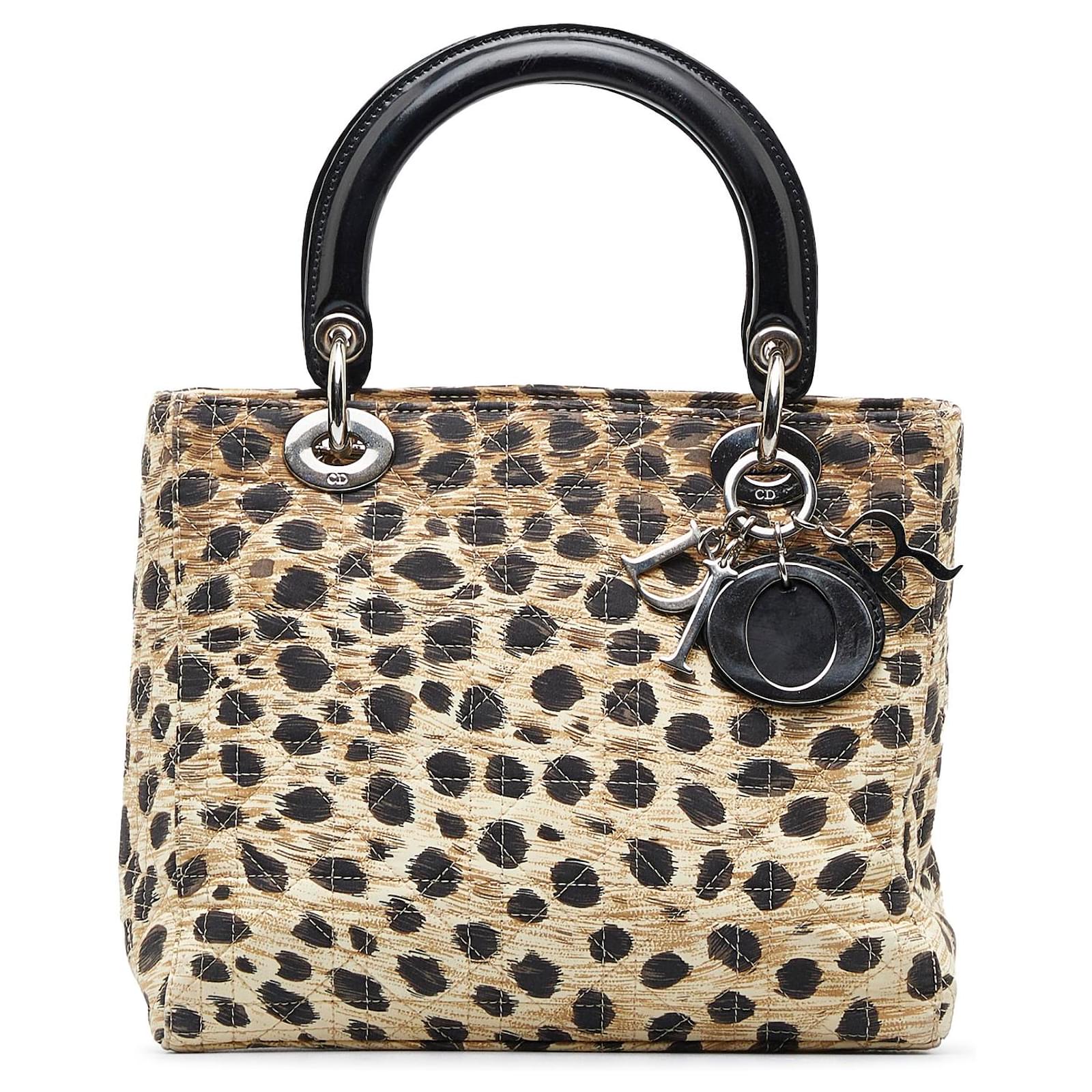 Dior Marron Cannage Moyen Imprimé Léopard Lady Dior Toile Tissu Noir ...