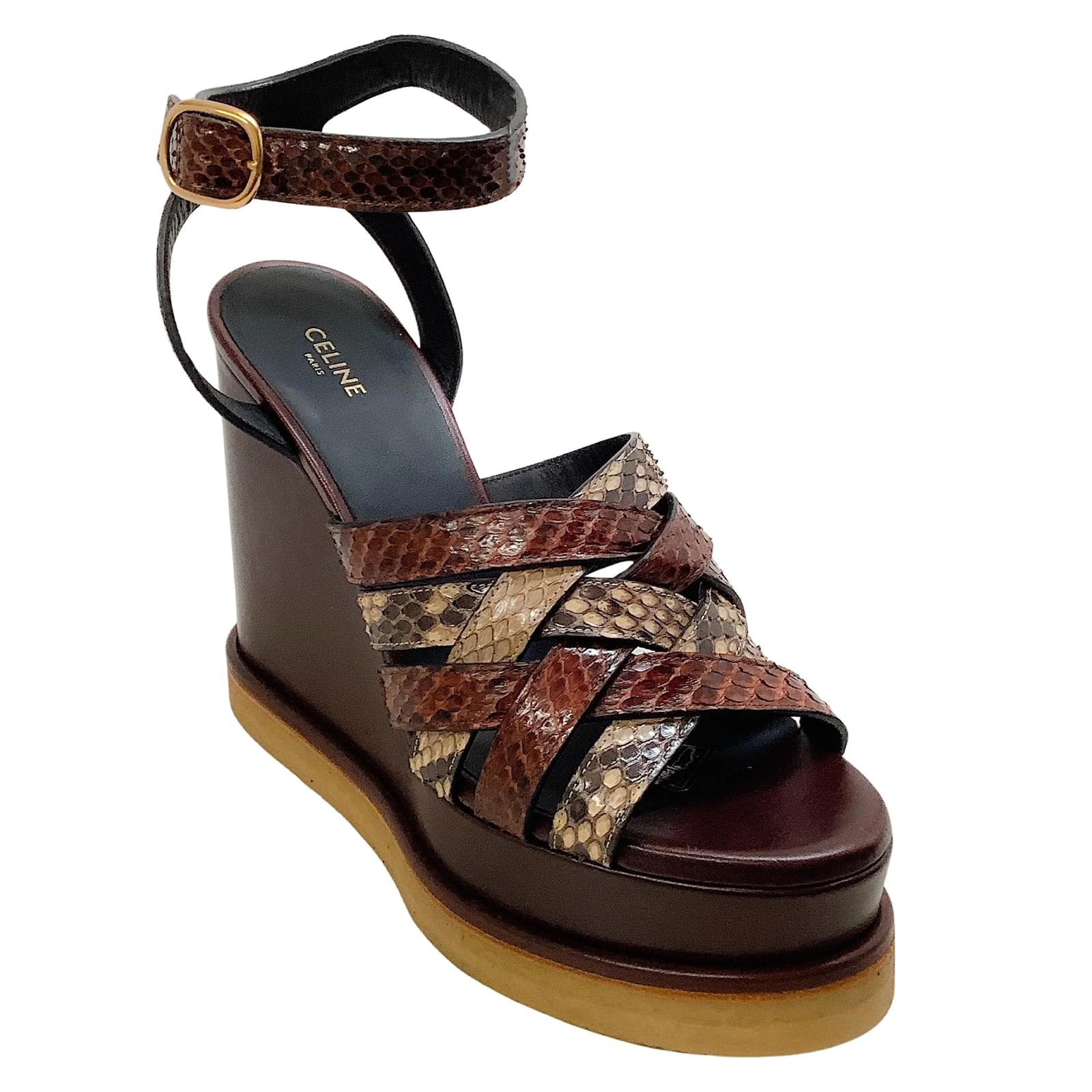 Céline Celine Manon Python Wedge Sandal 80 Brown Exotic leather ref ...
