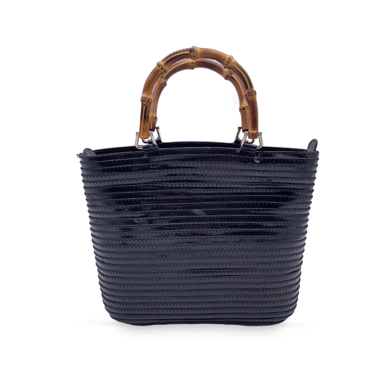 Gucci Vintage Black Stitching Patent Leather Bamboo Tote Bag ref ...