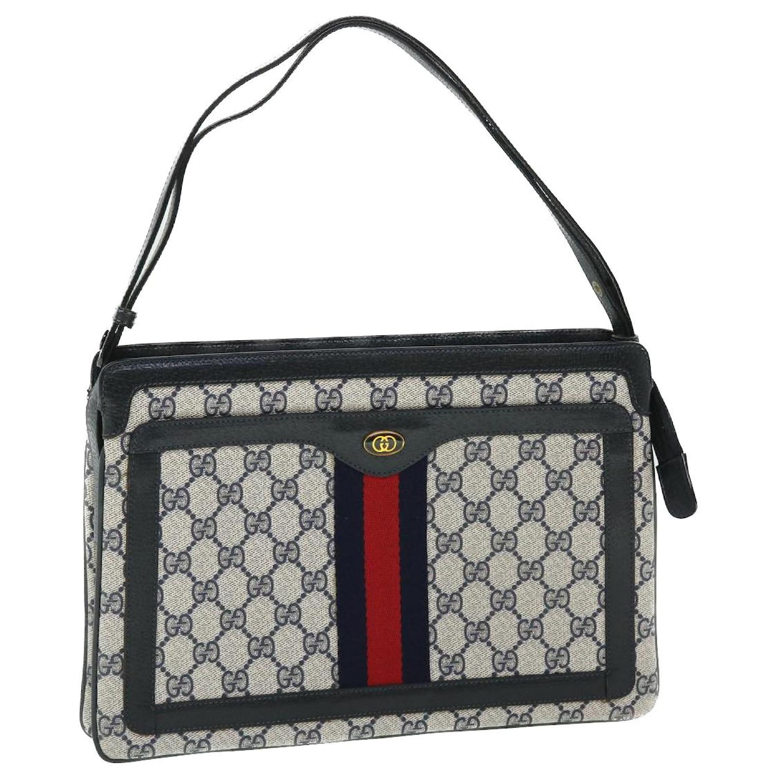 GUCCI GG Canvas Sherry Line Shoulder Bag PVC Leather Gray Navy Red Auth ...