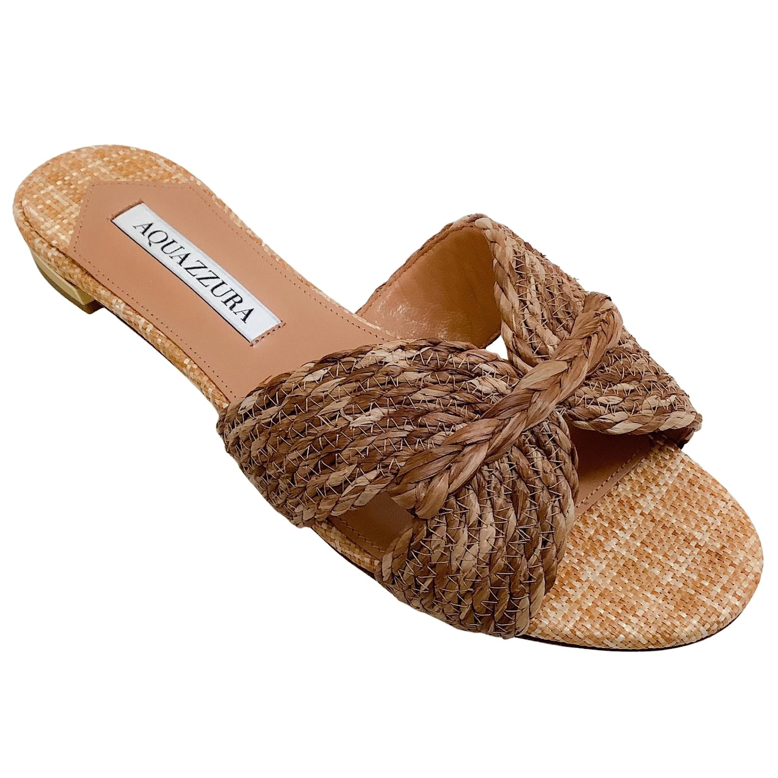 Aquazzura Natural Woven Raffia Rope Flat Sandals Brown Leather ref ...