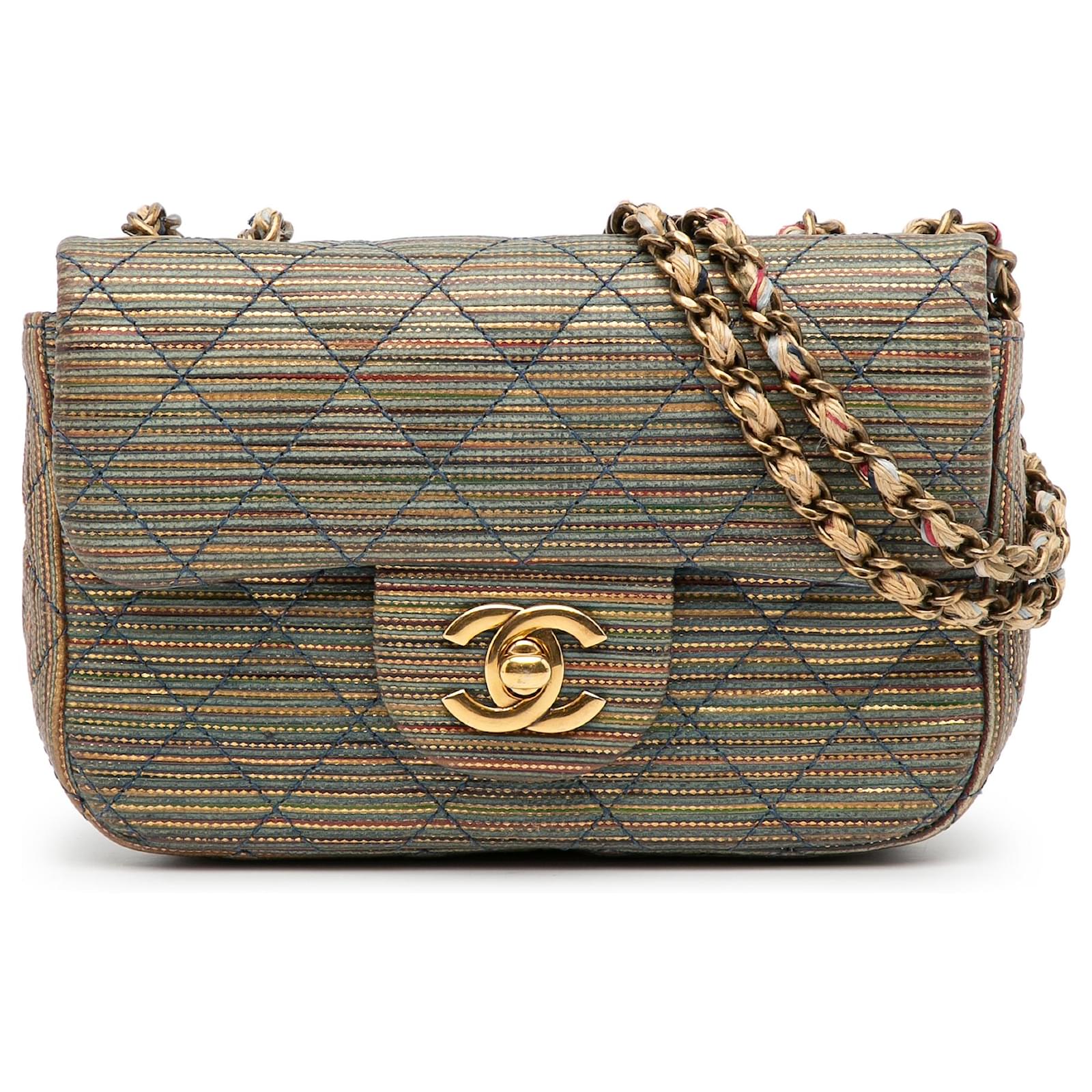 Chanel Brown Mini Metallic Woven Raffia Classic Square Single Flap ref ...